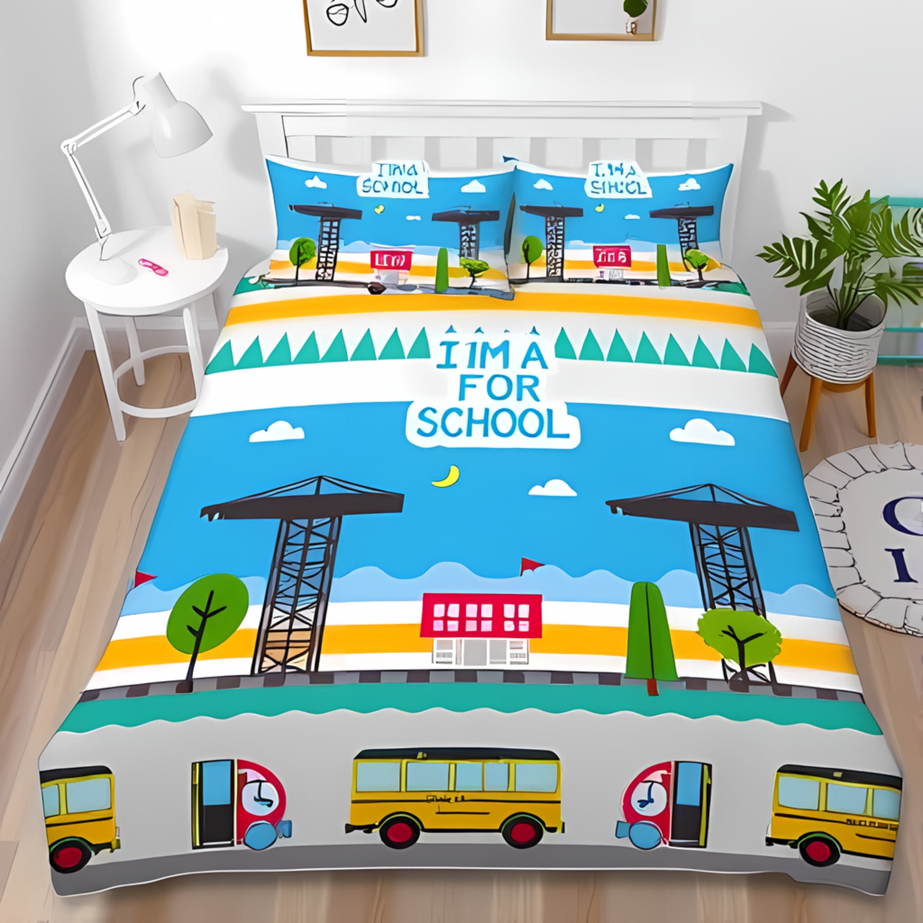 3-Piece Duvet Cover Set with School Buses & Cranes on Blue Background ...