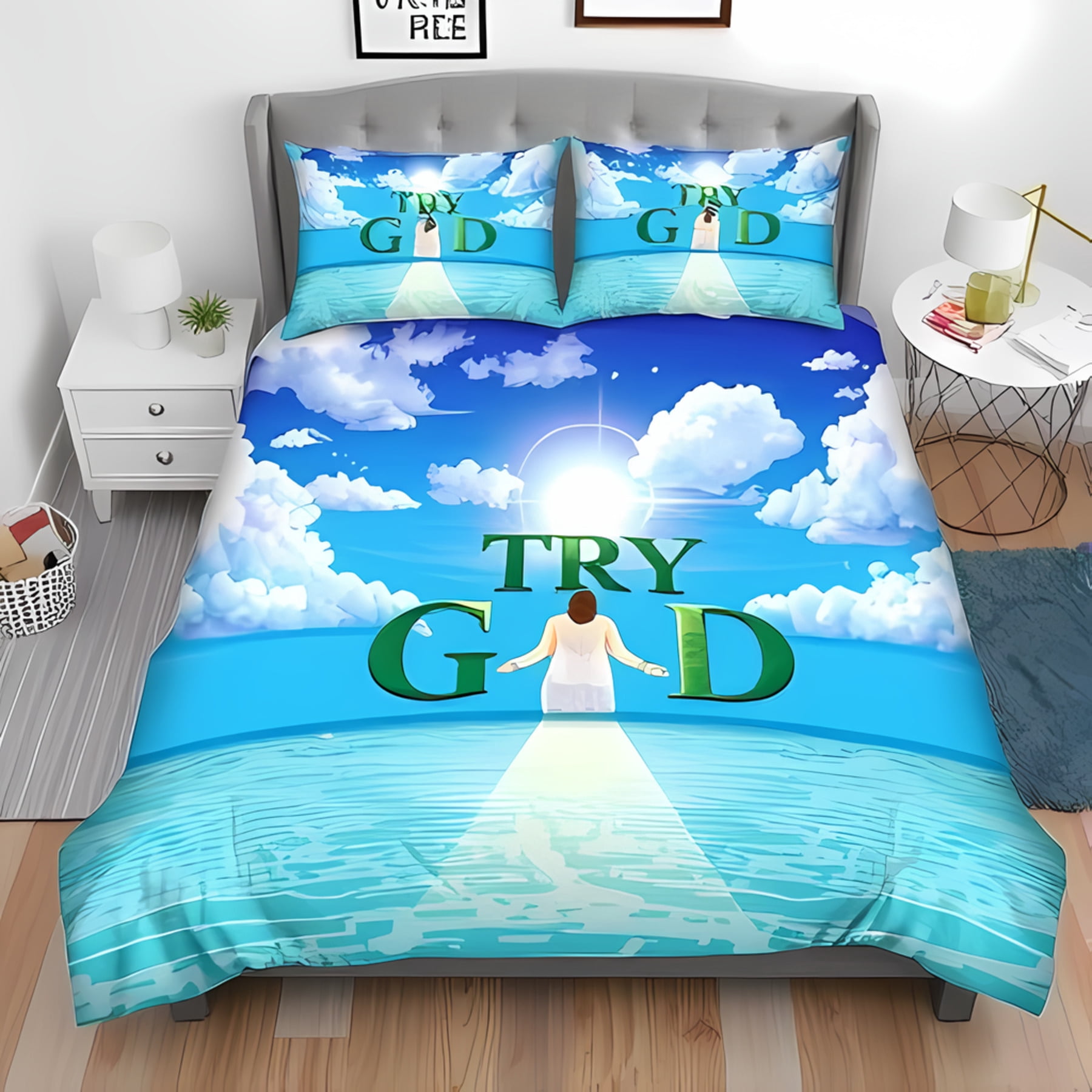 3-Piece Duvet Cover Set with Seascape Design 'TRY GOD' in Bold Green ...