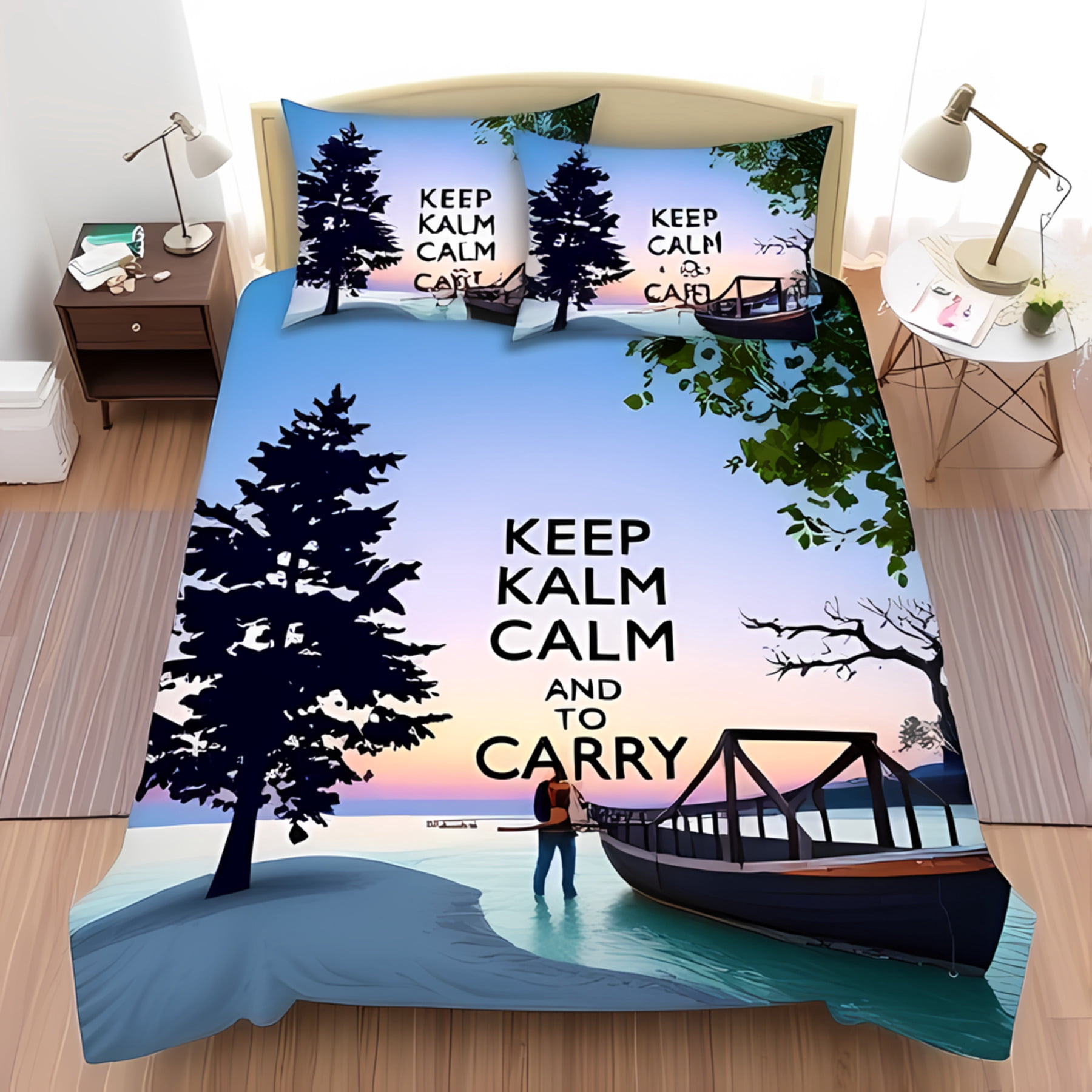 3-Piece Duvet Cover Set with Serene Lakeside Sunset Design Silhouetted ...