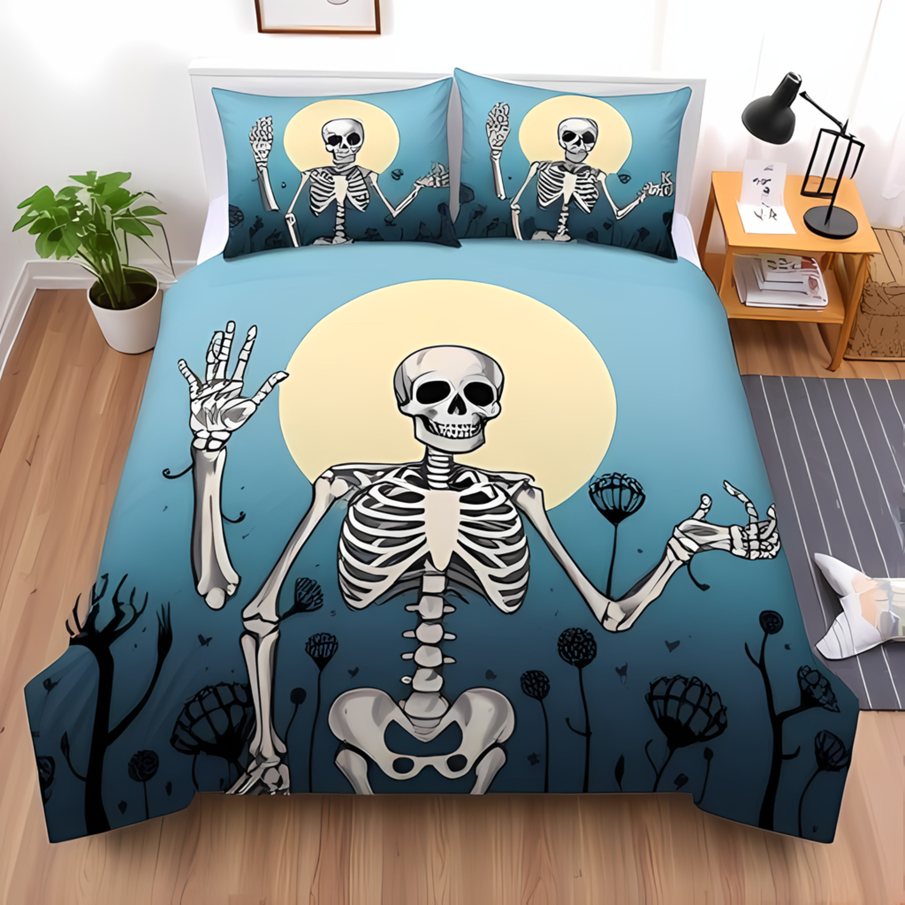 3-Piece Duvet Cover Set with Serene Skeleton Design on Teal Background ...