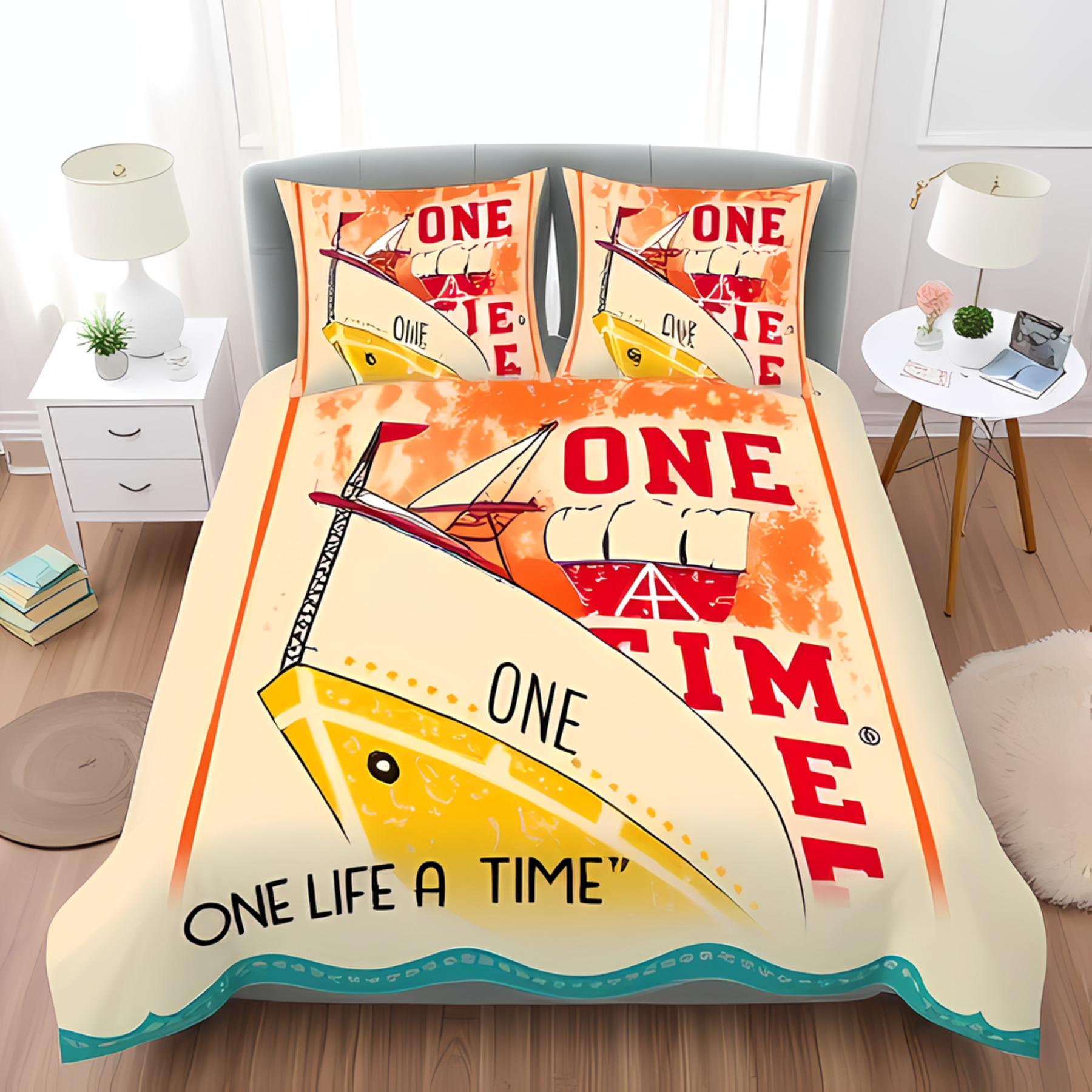 3-Piece Duvet Cover Set with Ship Illustration & " ONE LIFE A TIME ...
