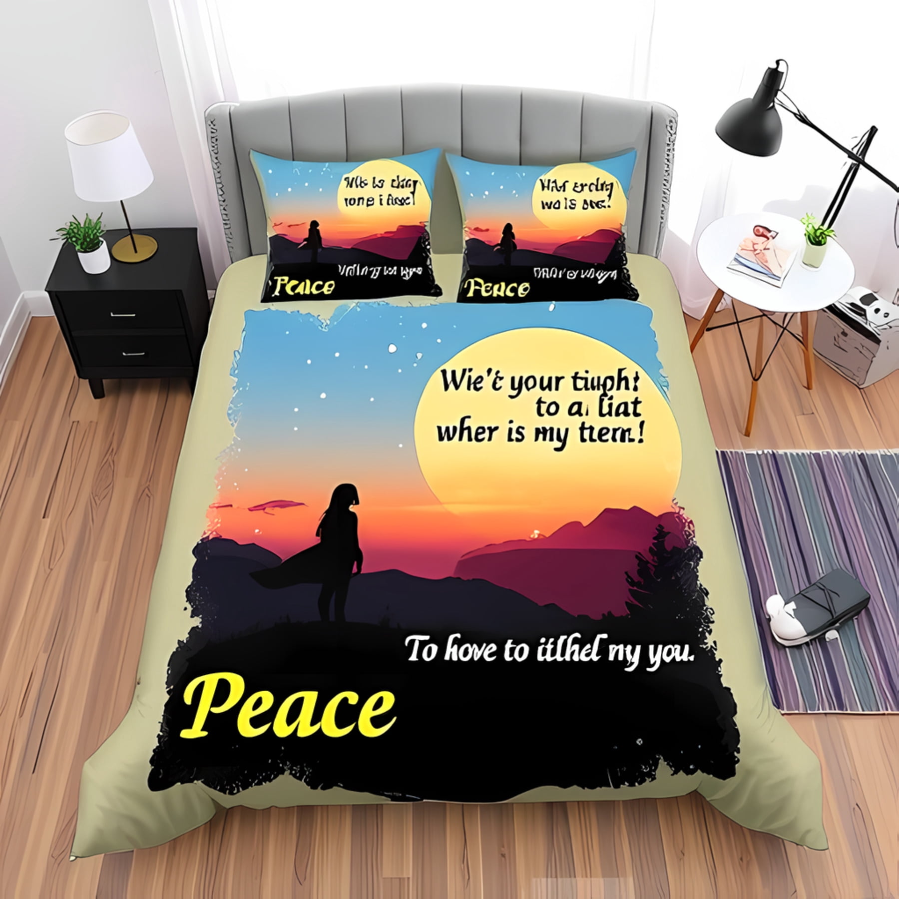 3-Piece Duvet Cover Set with Silhouetted Figure & Moon Design Calming ...