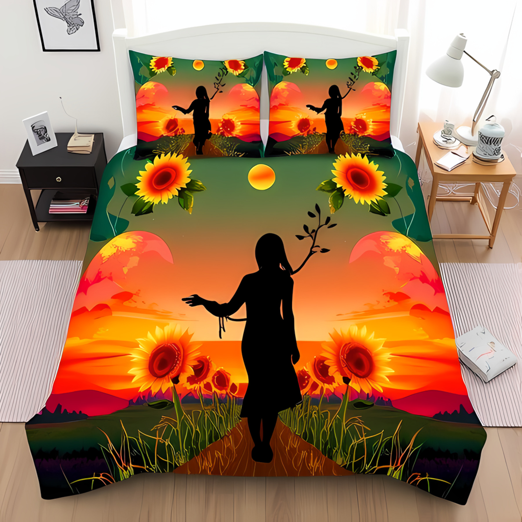 3-Piece Duvet Cover Set with Silhouetted Woman & Sunflower Sunset ...