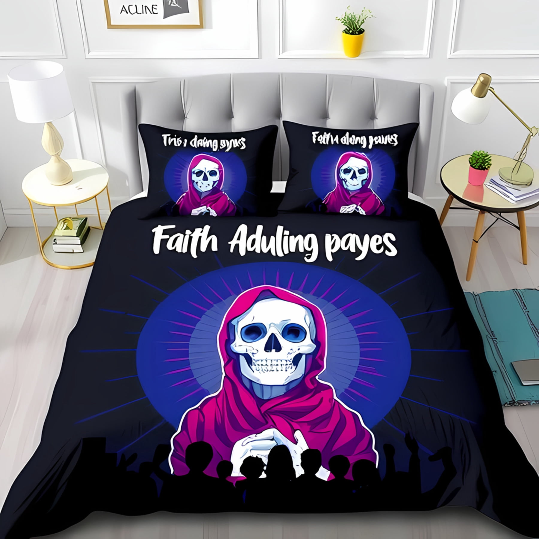 3-Piece Duvet Cover Set with Skeletal Figure in Pink Hood & Blue Design ...