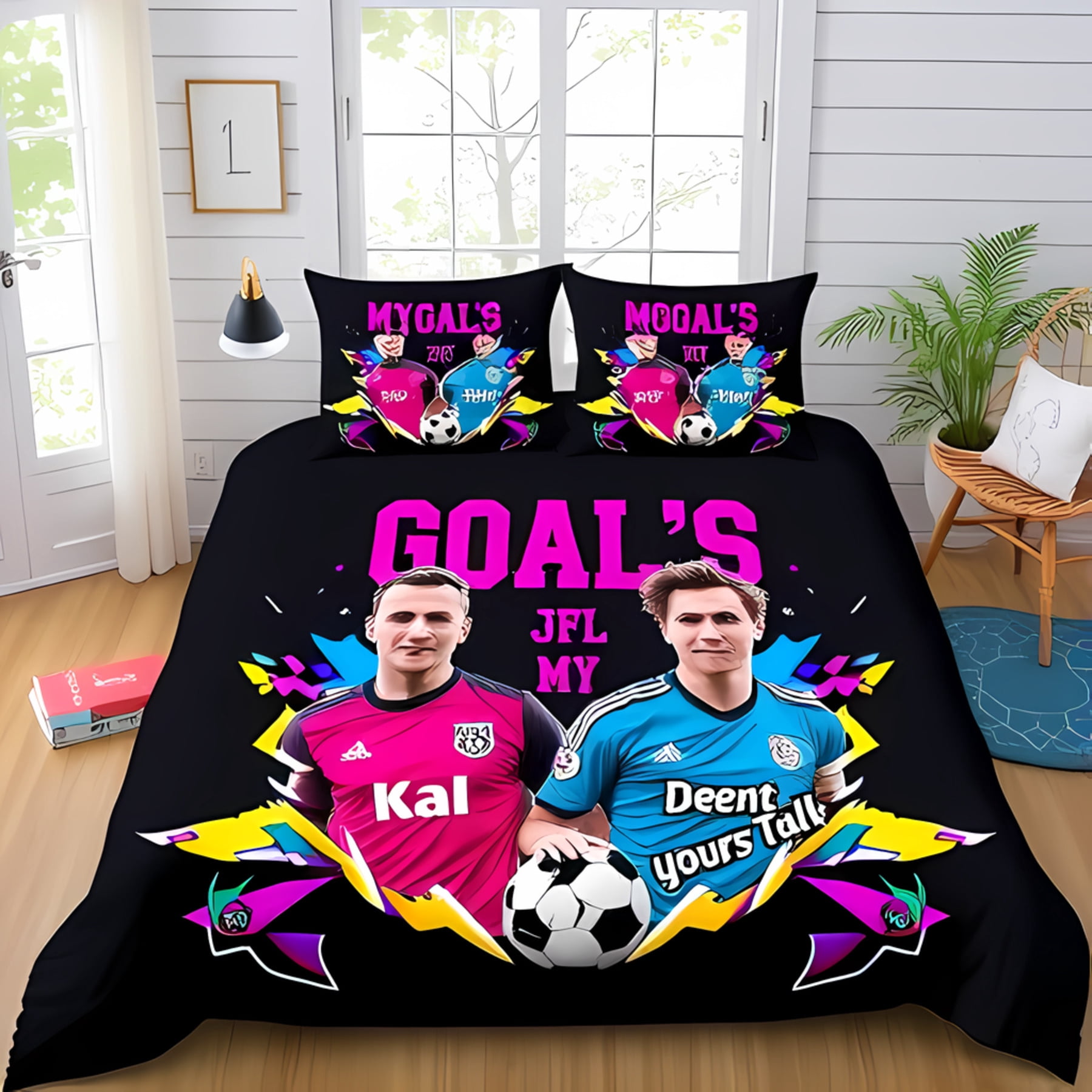 3-Piece Duvet Cover Set with Soccer Players Design - Pink & Blue ...