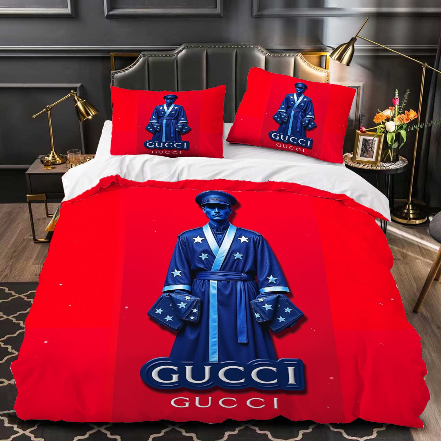 3-Piece Duvet Cover Set with Starry Blue Robe Design Red Bedding ...
