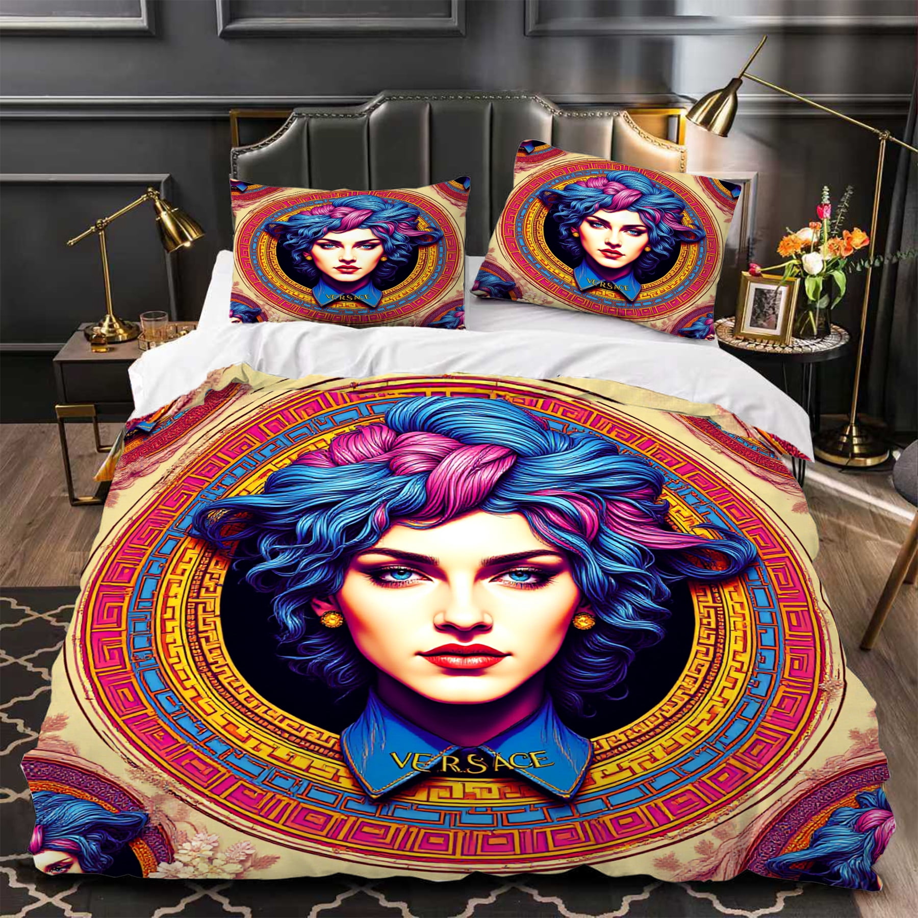 3-Piece Duvet Cover Set with Striking Circular Woman Portrait Design ...