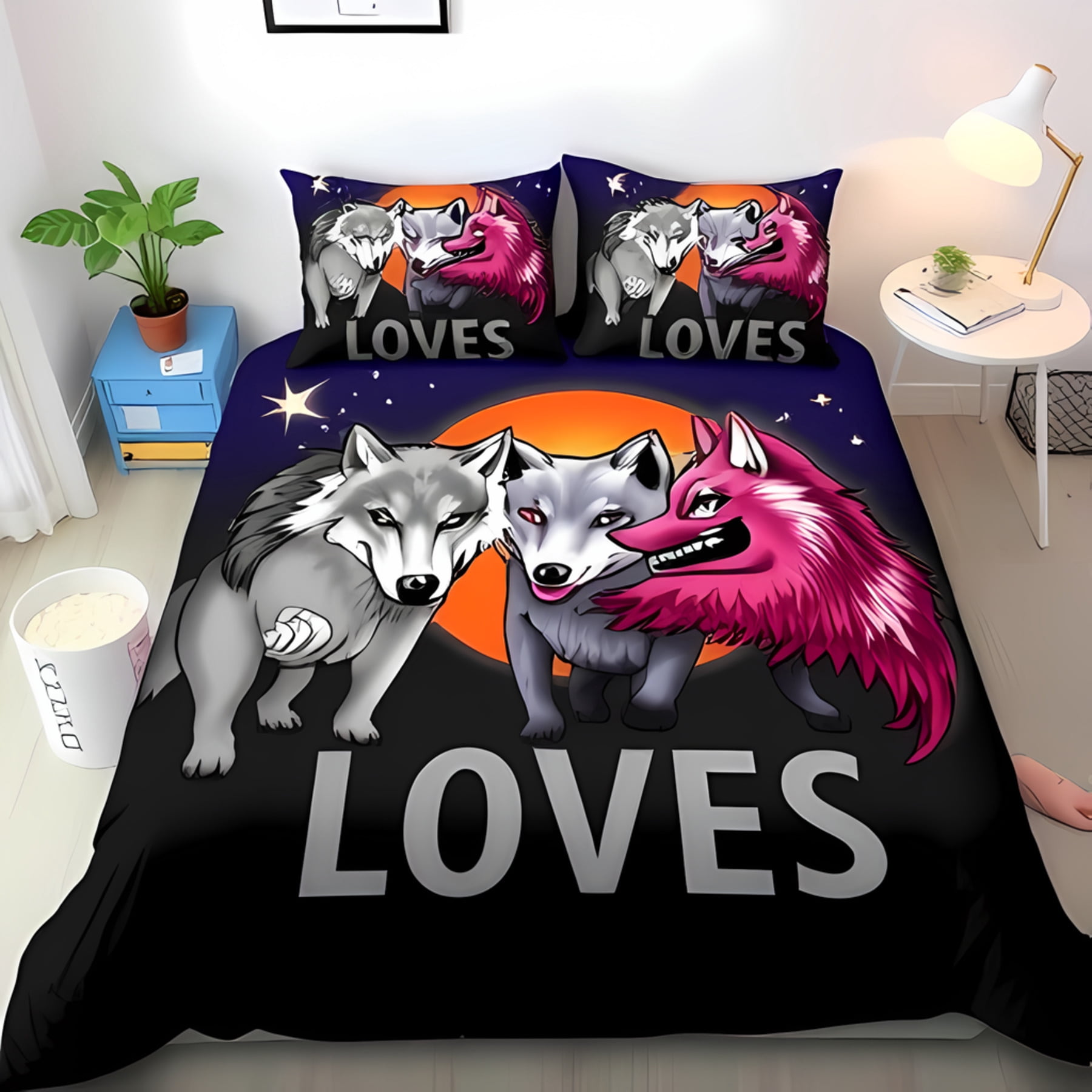 3-Piece Duvet Cover Set with Striking Wolf Illustrations Orange Moon ...