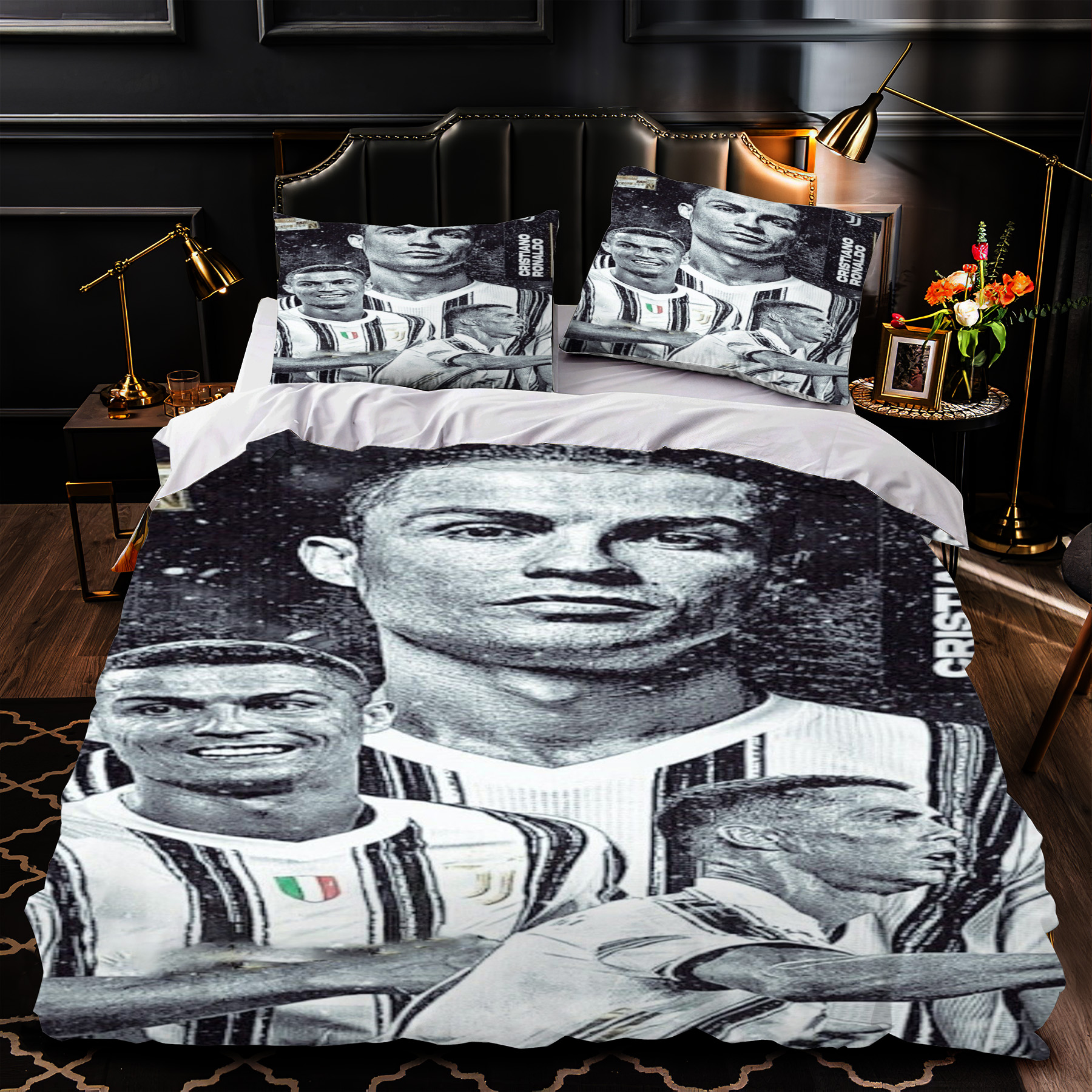 3-Piece Duvet Cover Set with Striped Jersey Portrait Design - Black ...