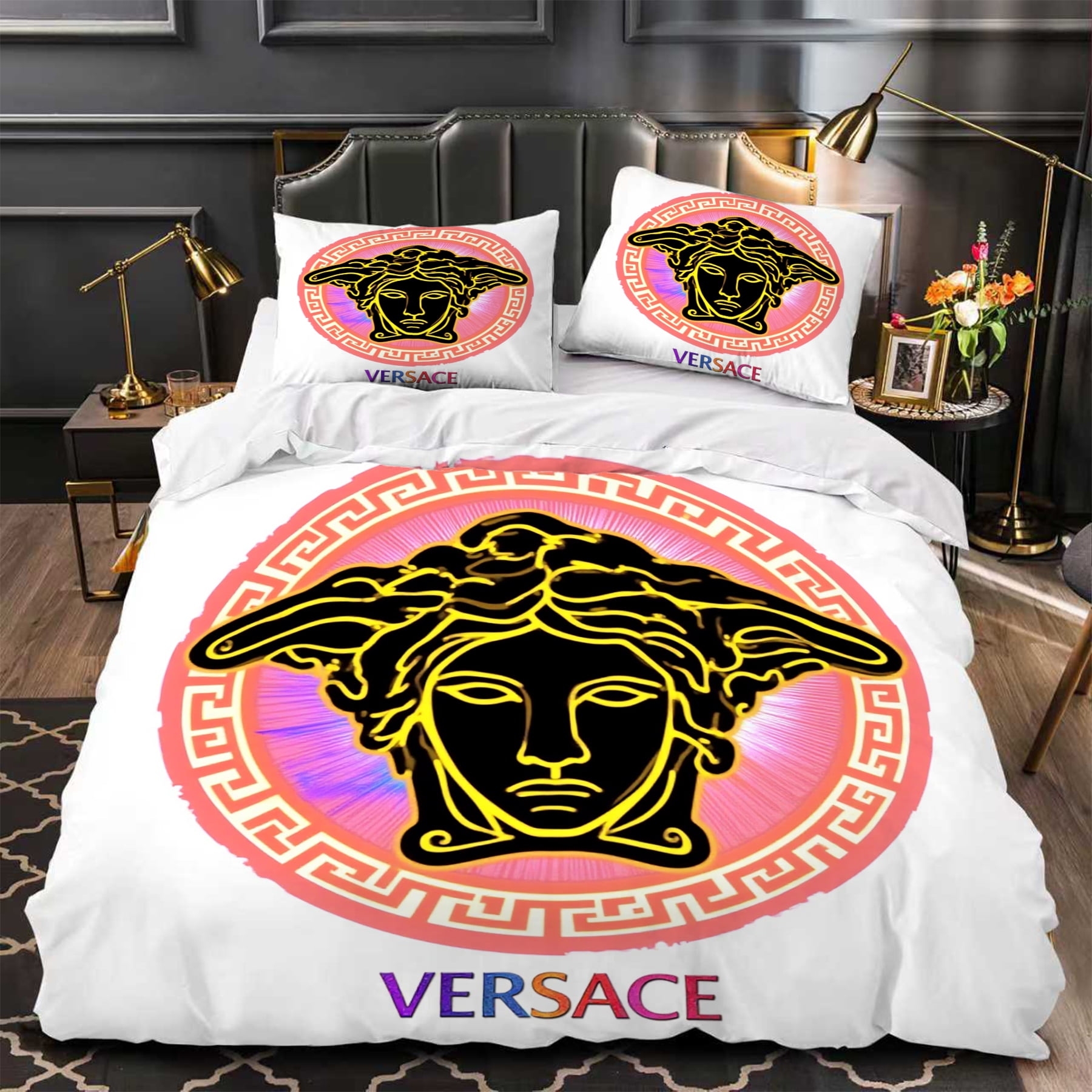 3-Piece Duvet Cover Set with Stylish Circular Face Pattern in Pink ...