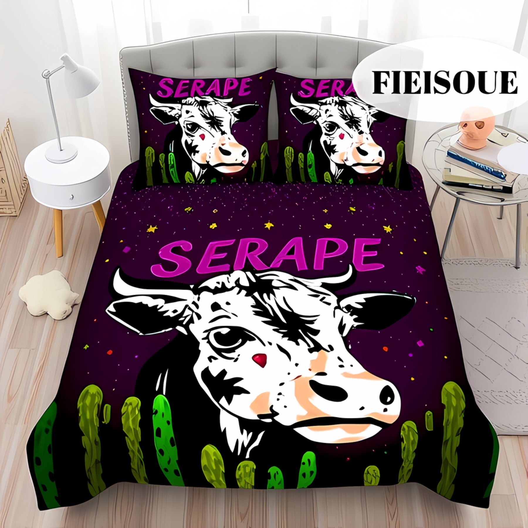 3-Piece Duvet Cover Set with Stylized Cows on Purple Starry Background ...