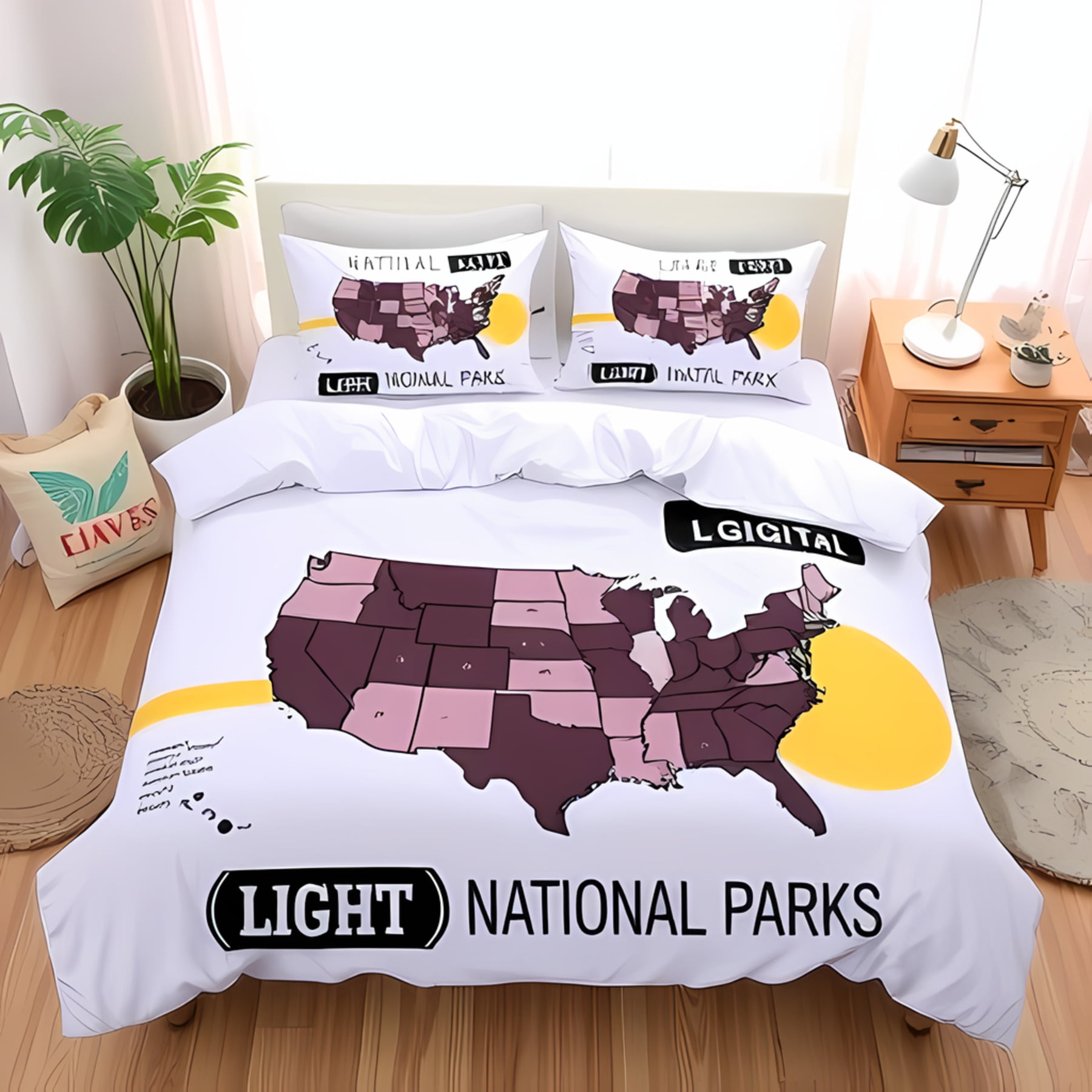 3-Piece Duvet Cover Set with Stylized US Map in Purple & Pink Featuring ...