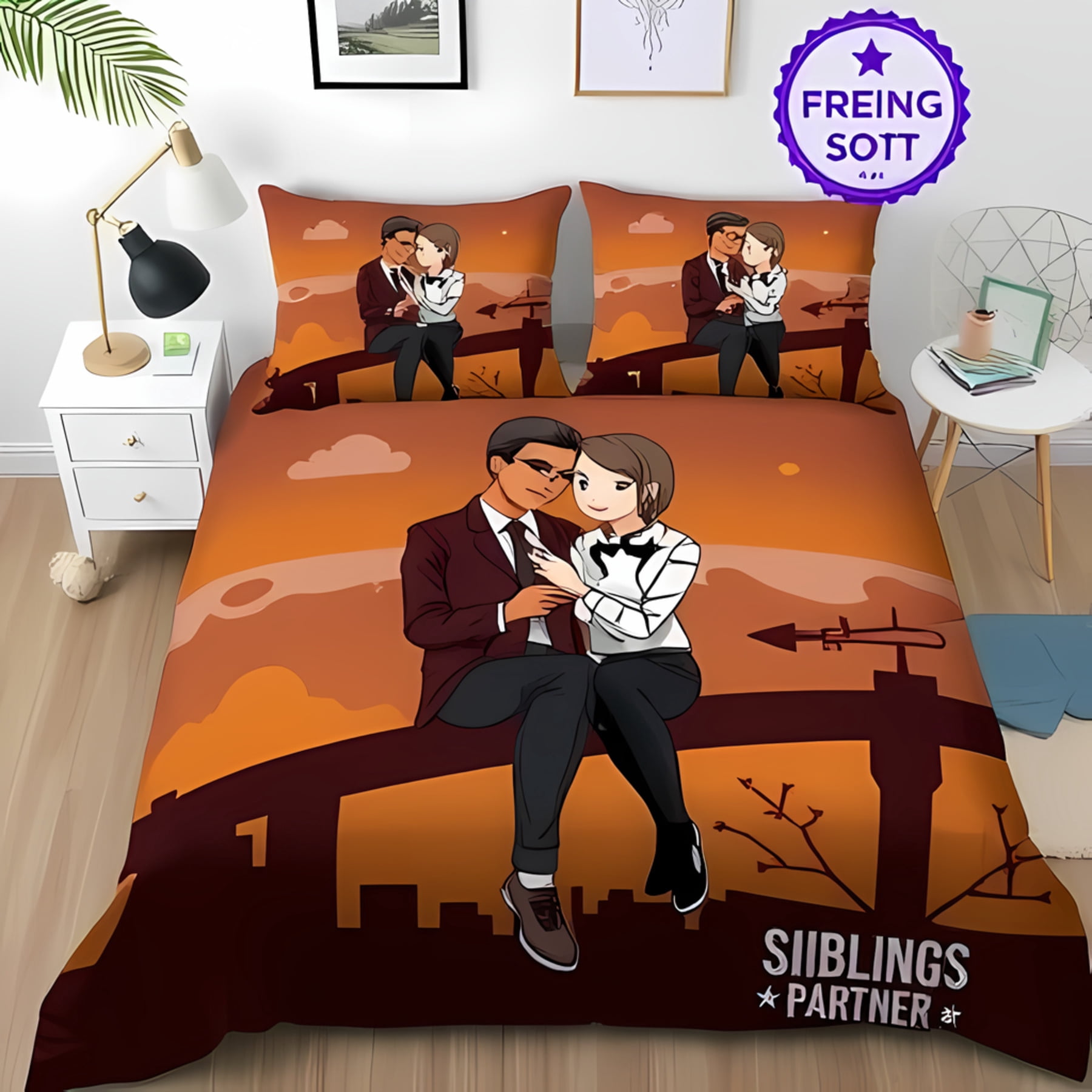 3-Piece Duvet Cover Set with Sunset-Hued Siblings Embrace Design ...
