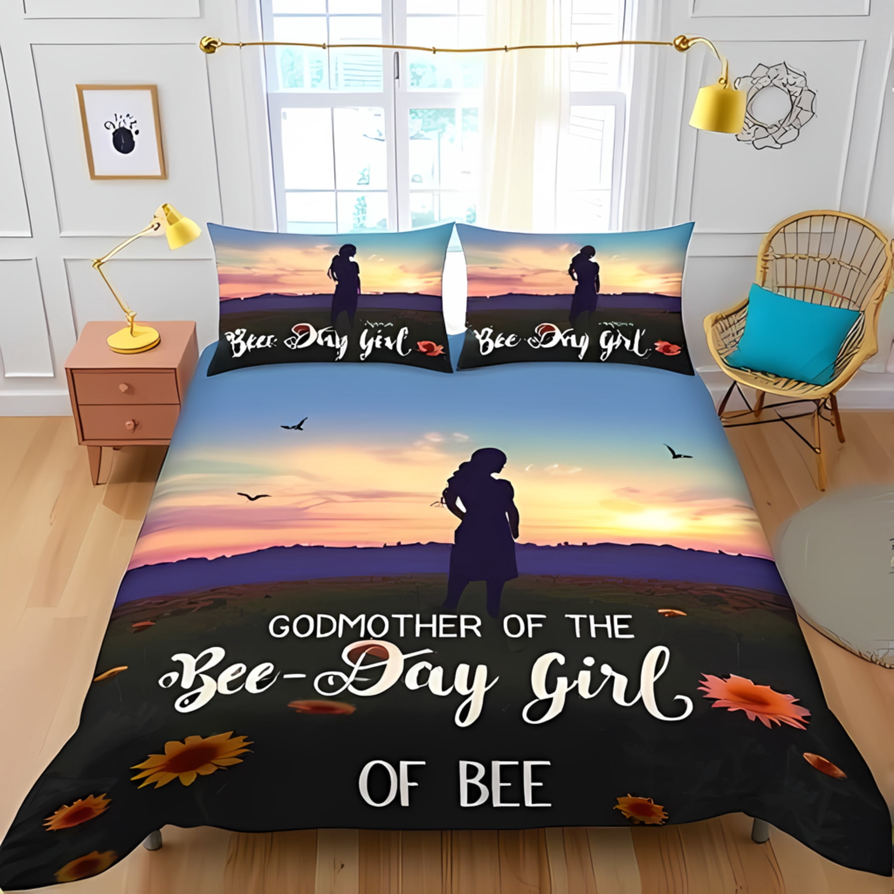 3-Piece Duvet Cover Set with Sunset Landscape Design Silhouettes of ...