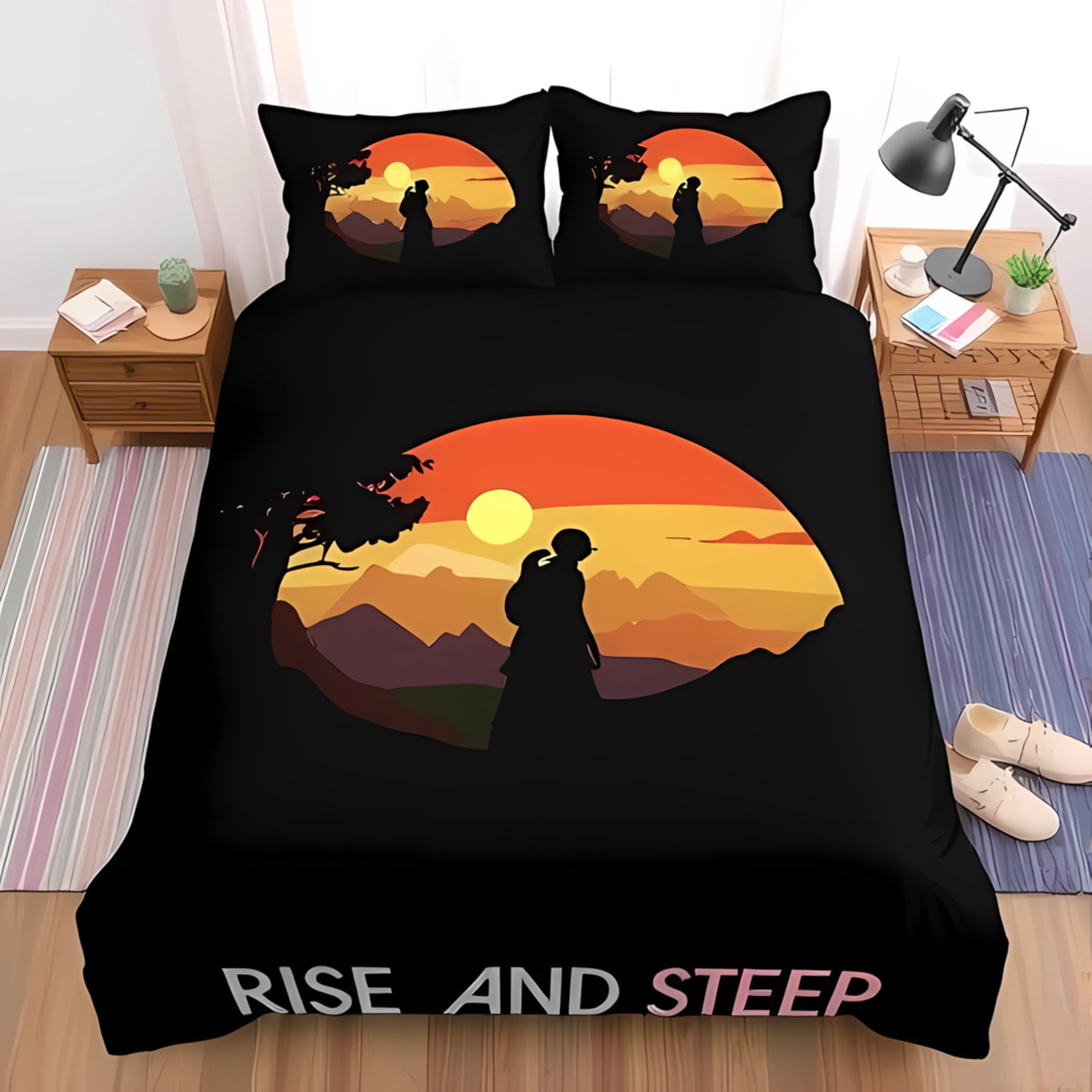 3-Piece Duvet Cover Set with Sunset Mountain Design - Cozy Black ...