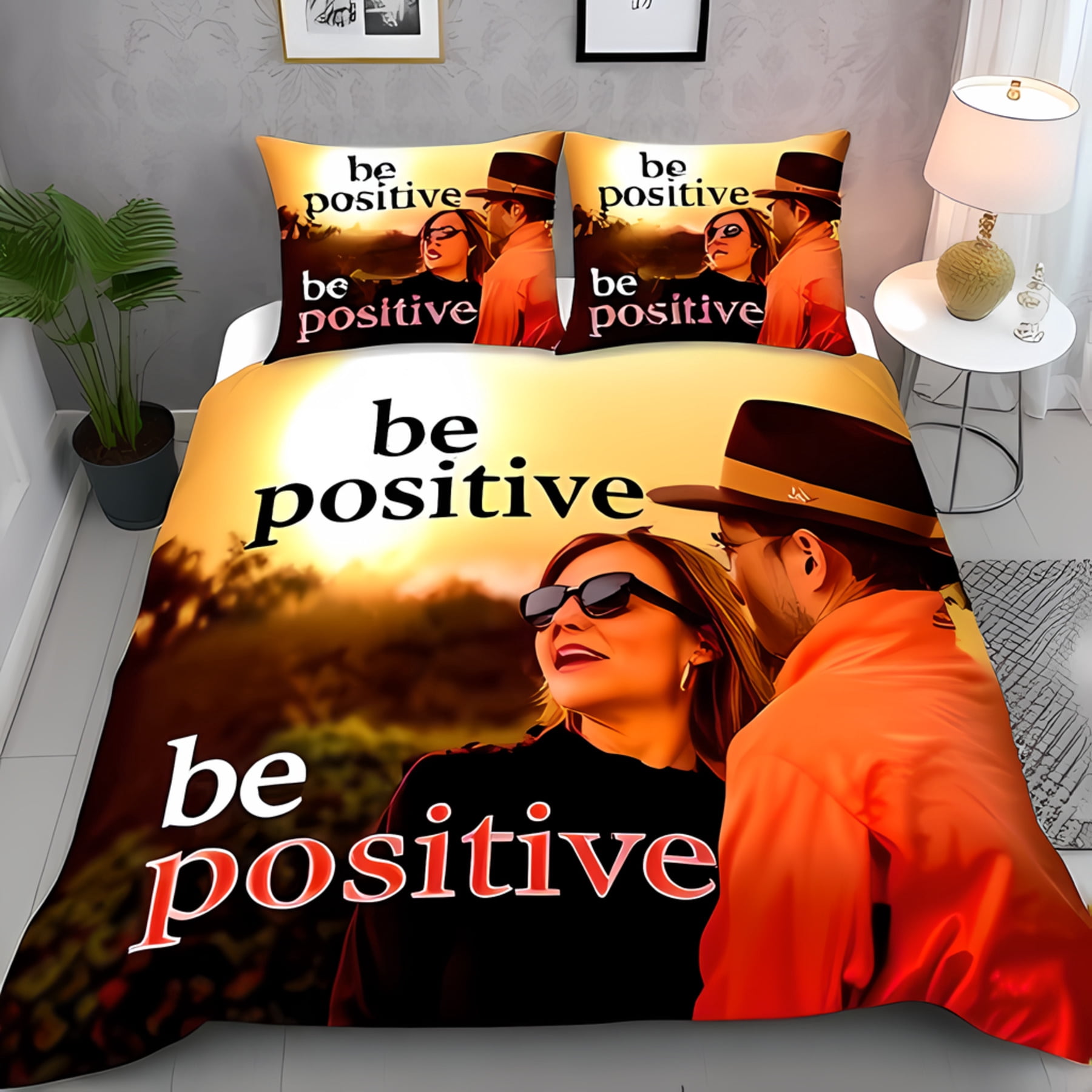3-Piece Duvet Cover Set with Sunset Scene & " Be Positive " Text ...