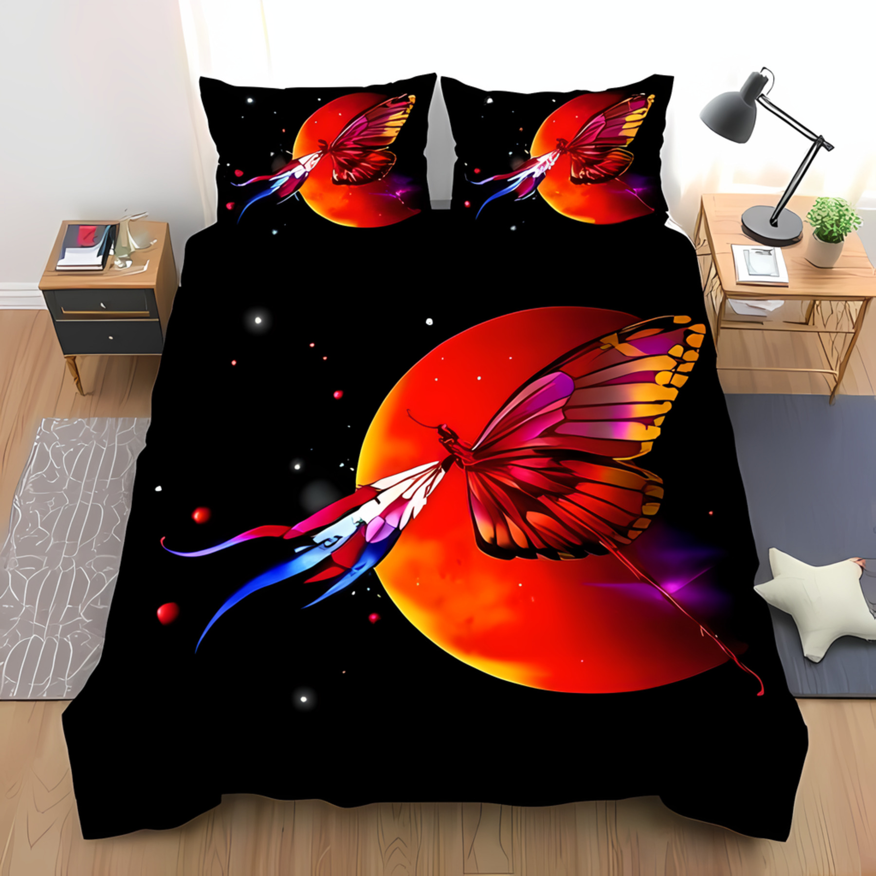 3-Piece Duvet Cover Set with Surreal Butterfly Design on Fiery Red Moon ...