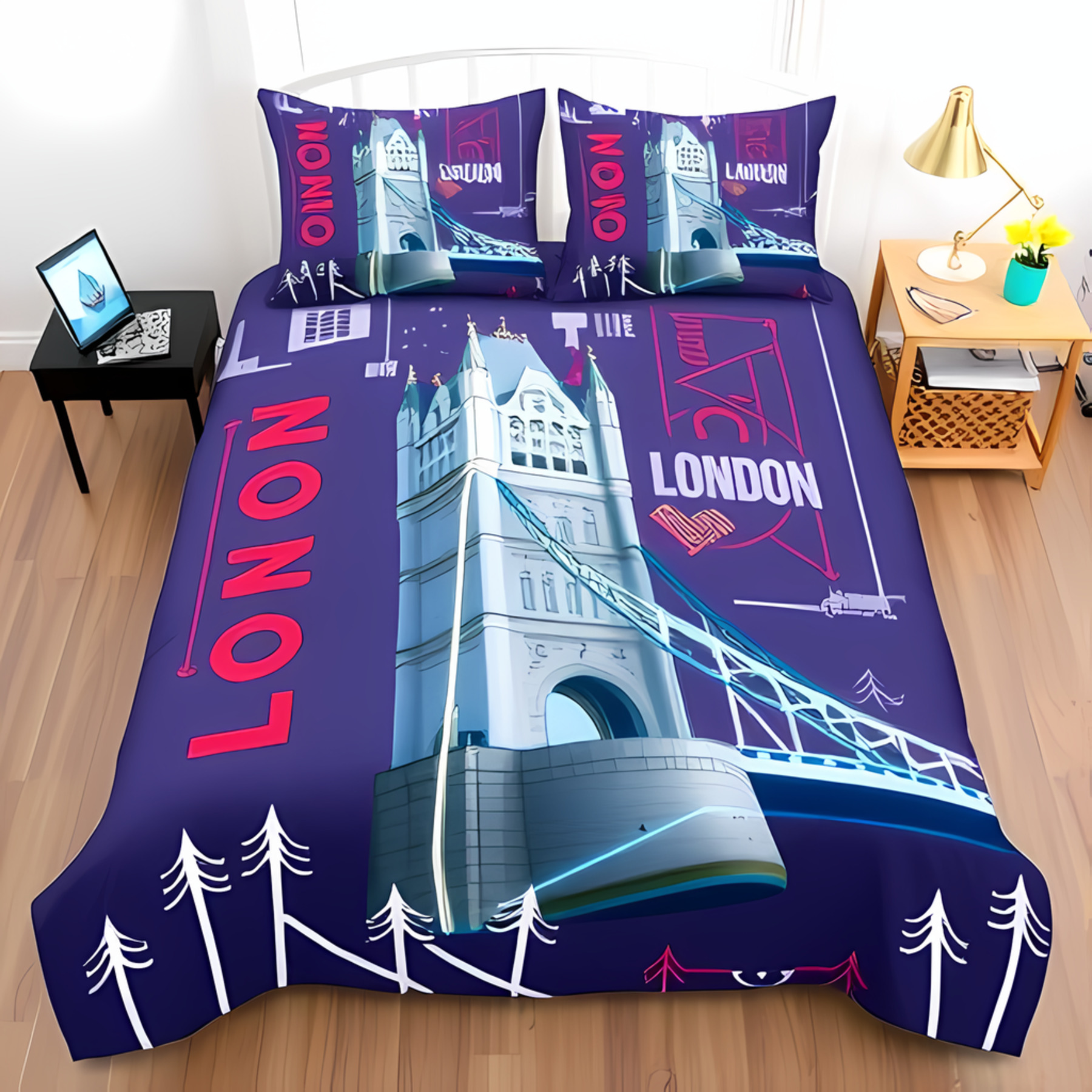 3-Piece Duvet Cover Set with Tower Bridge Design Bold Red 'LONDON' Text ...