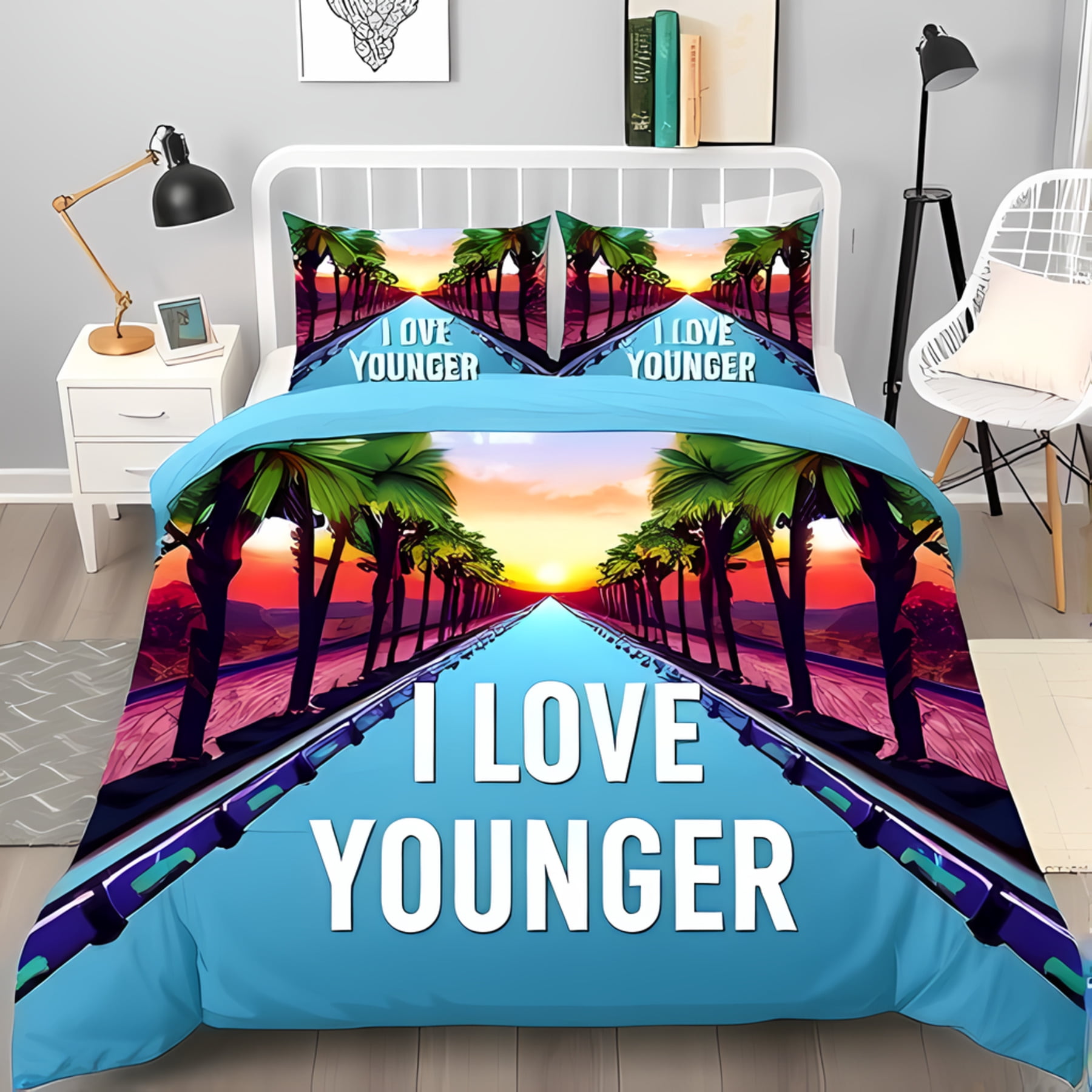 3-Piece Duvet Cover Set with Tree Road Design & " I LOVE YOUNGER " Text ...