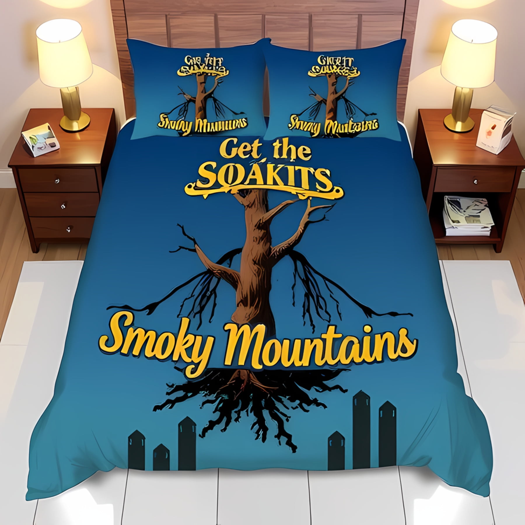 3-Piece Duvet Cover Set with Tree and Roots Design on Blue Background - Smoky Mountains Theme ...