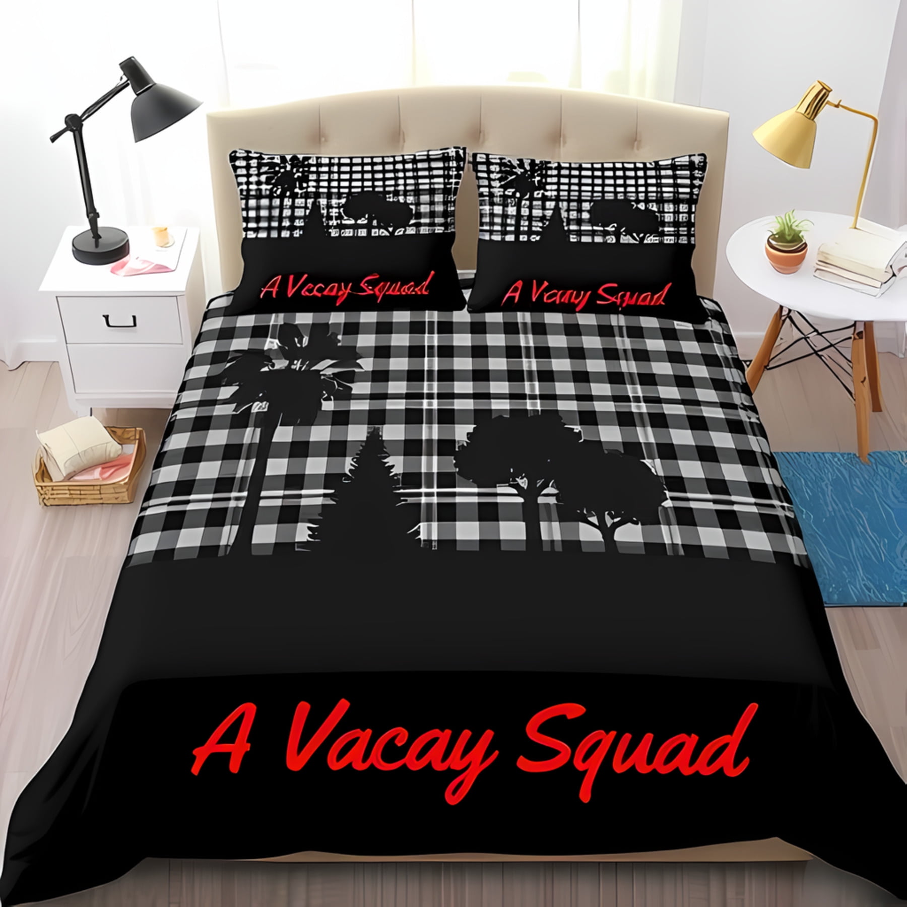 3-Piece Duvet Cover Set with Tropical Tree Design & Checkered Pattern ...