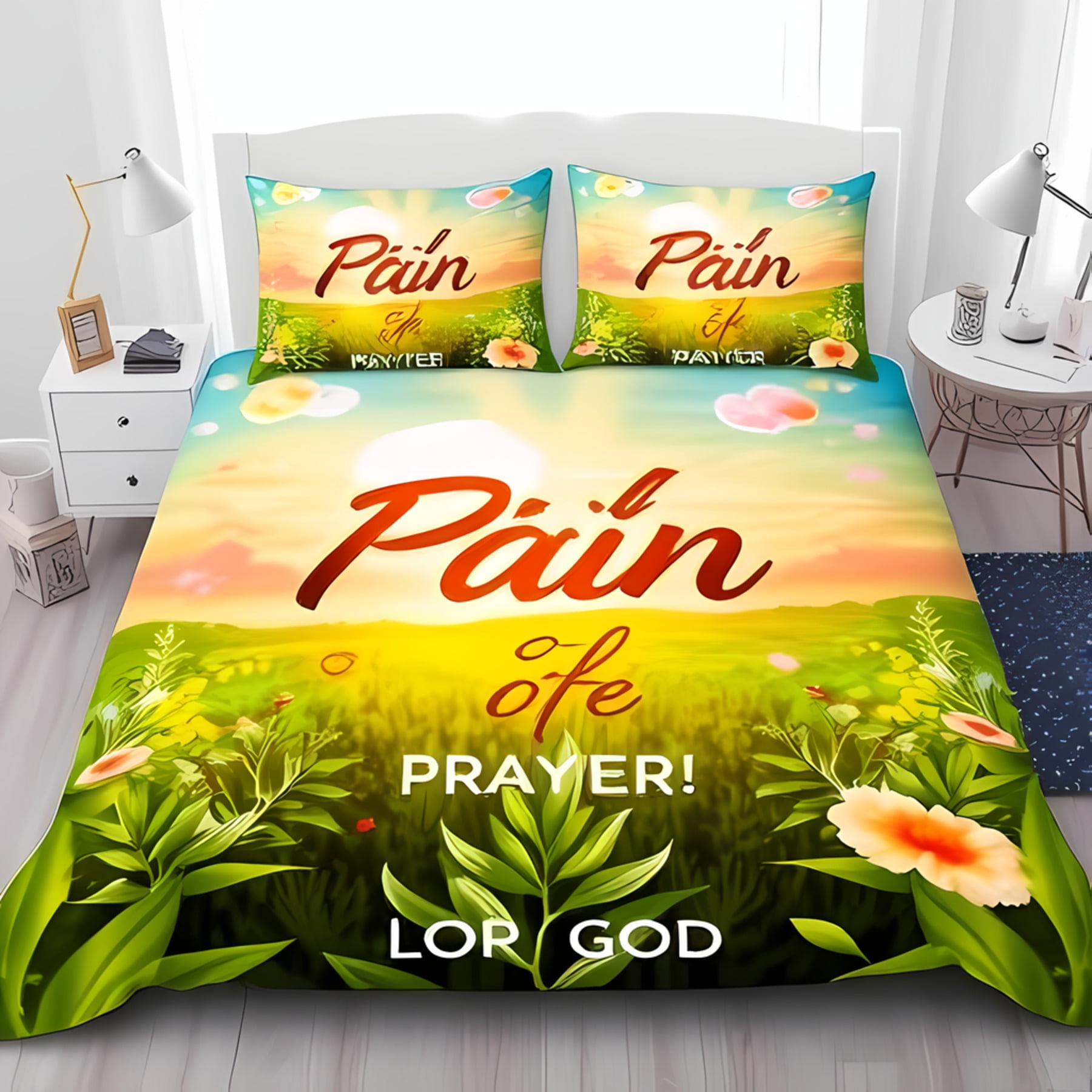 3-Piece Duvet Cover Set with Uplifting "Prayer" Design - Bright Floral Bedding for Comfort ...