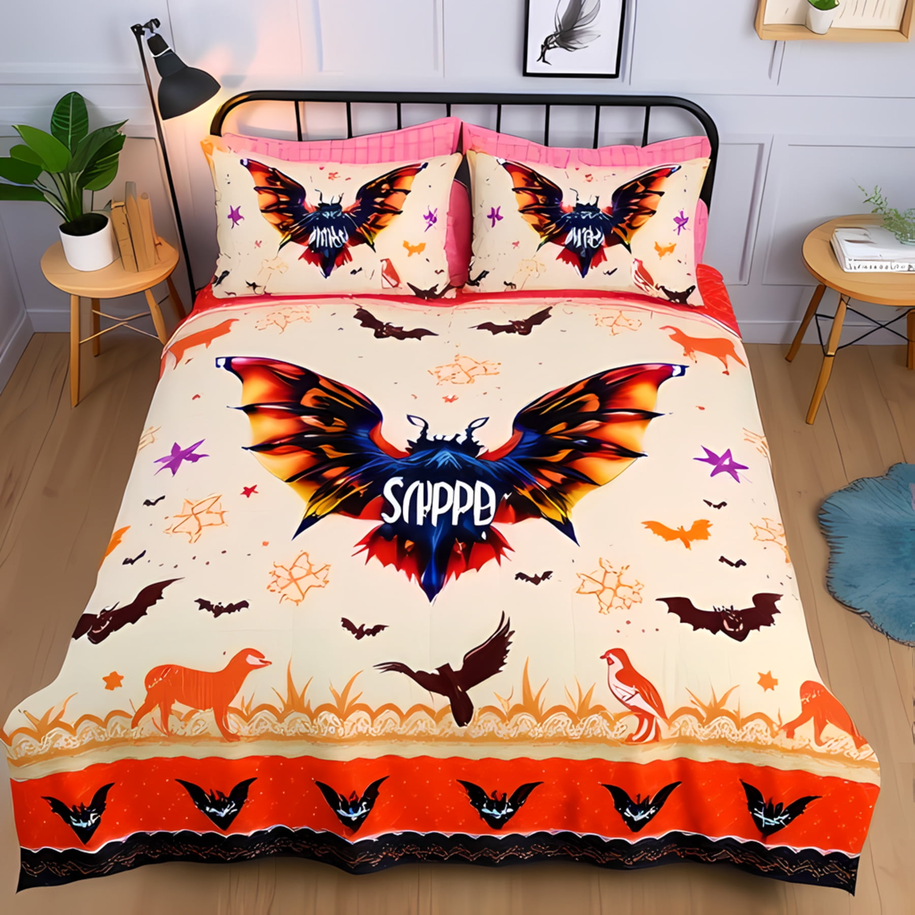 3-Piece Duvet Cover Set with Vibrant Bat Design Fun Halloween-Inspired ...