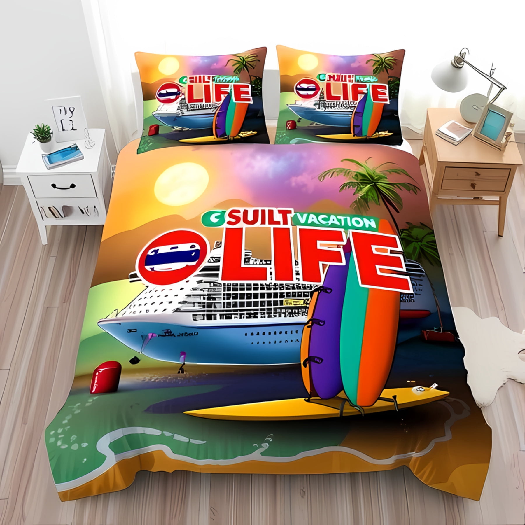 3-Piece Duvet Cover Set with Vibrant Beach Scene Cruise Ship Surfboards ...