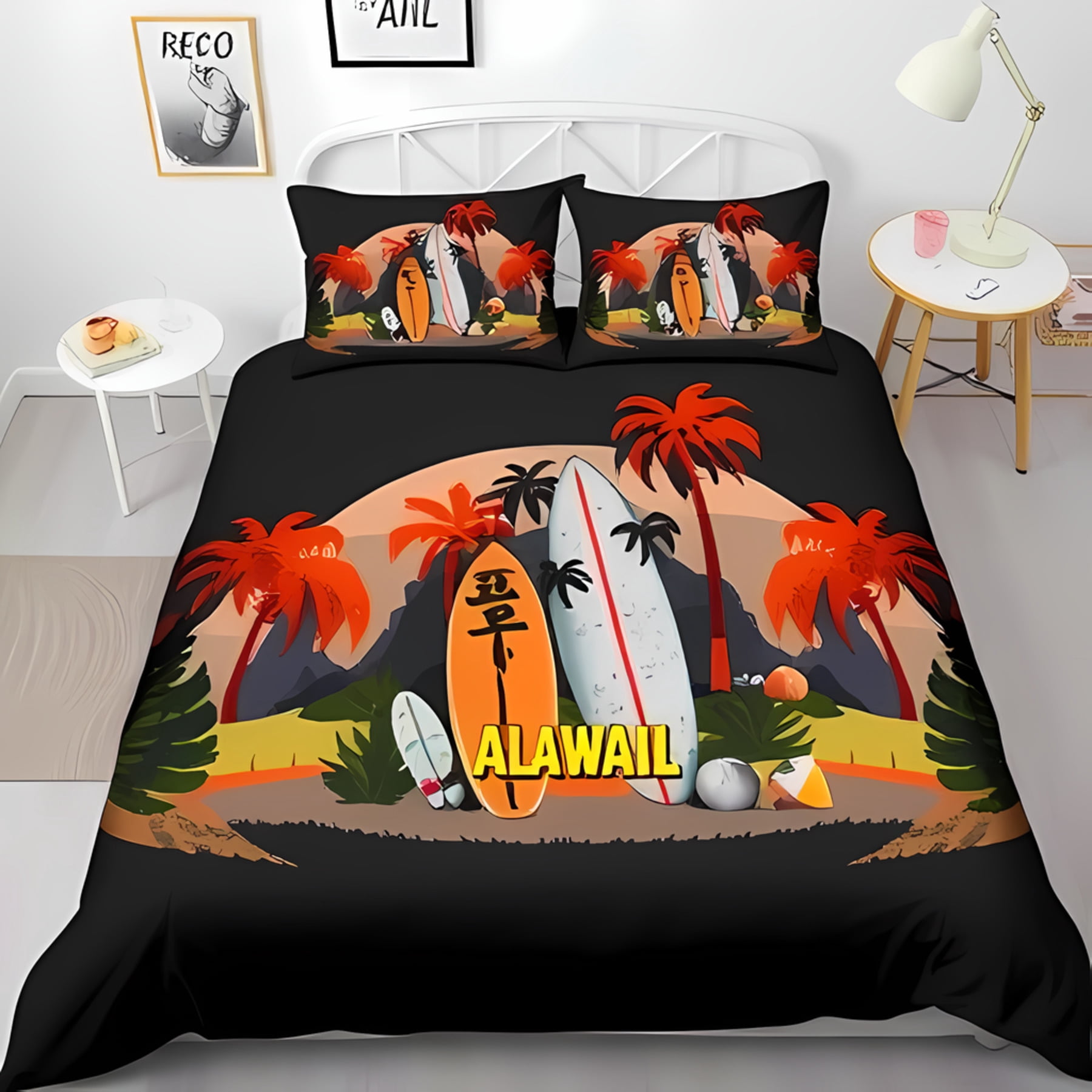 3-Piece Duvet Cover Set with Vibrant Beach Scene Trees & Surfboards ...