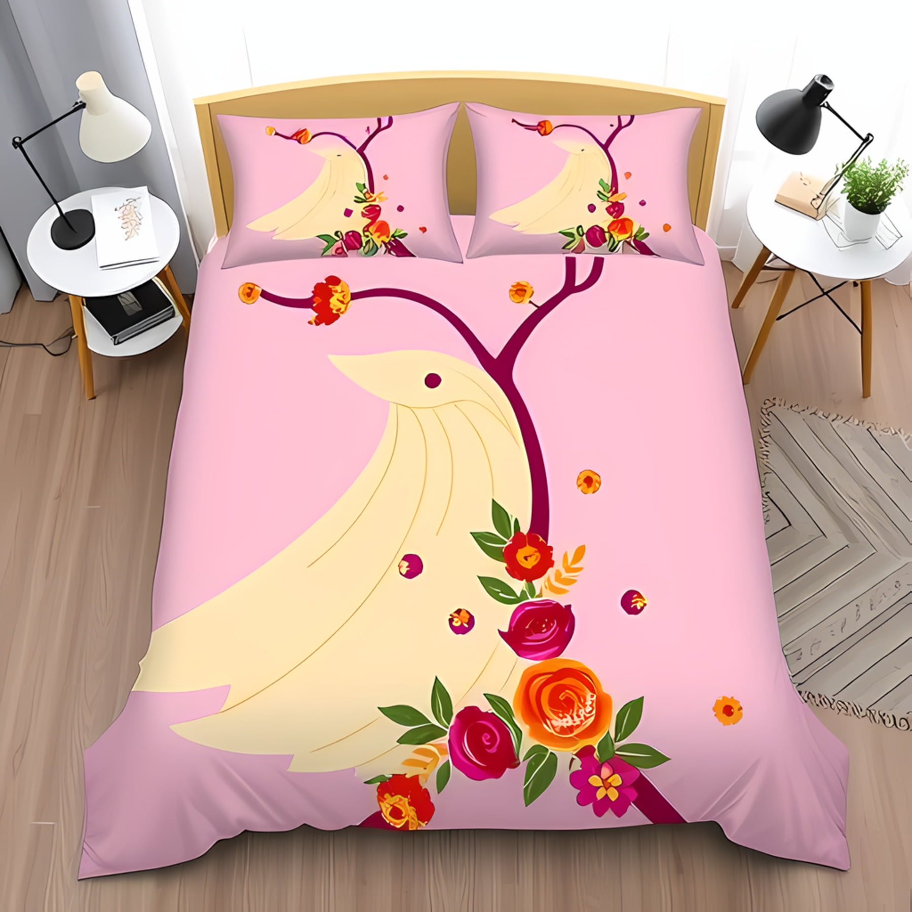 3-Piece Duvet Cover Set with Vibrant Bird and Floral Motif Pink Bedding ...
