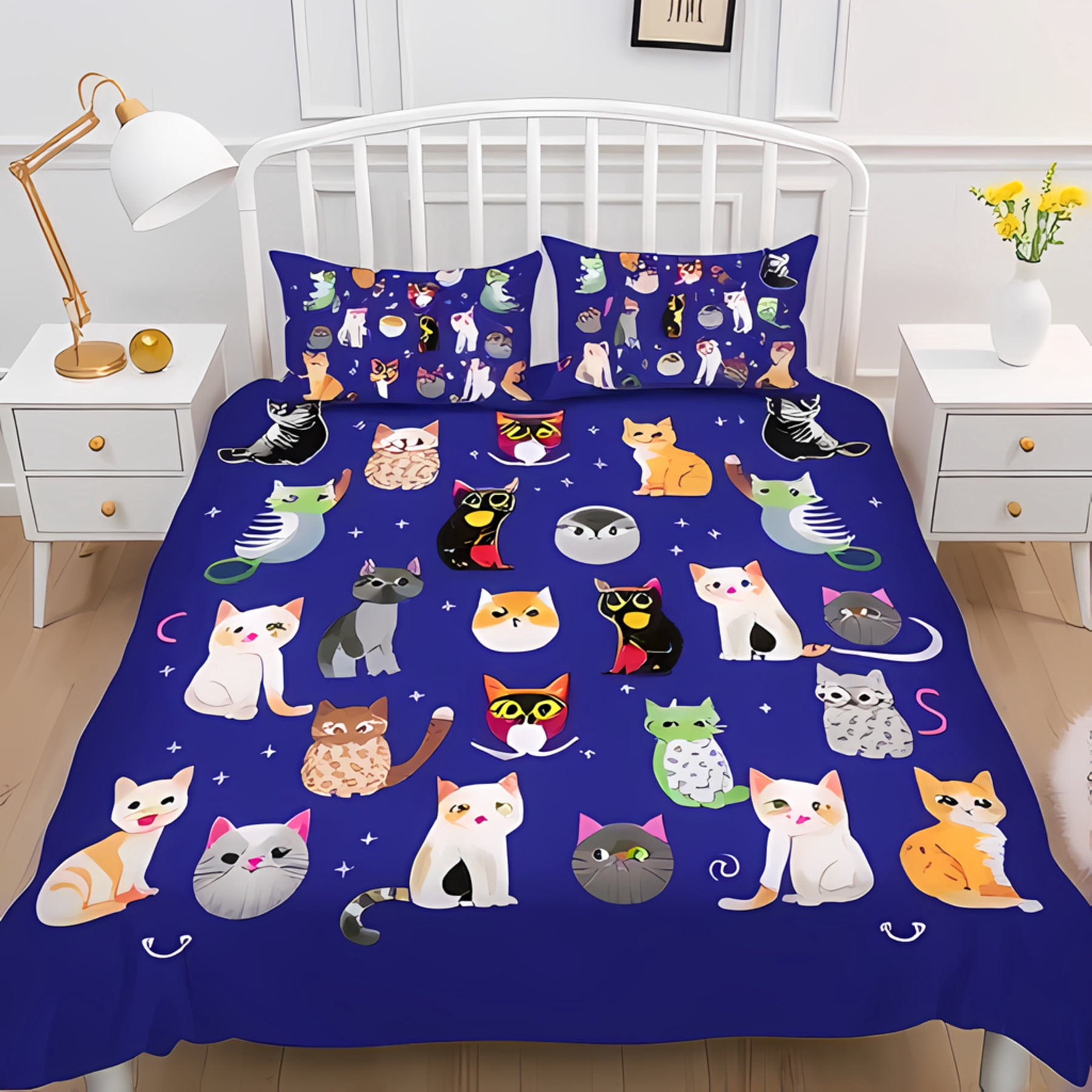 3-Piece Duvet Cover Set with Vibrant Blue Cartoon Cat Pattern on Starry ...