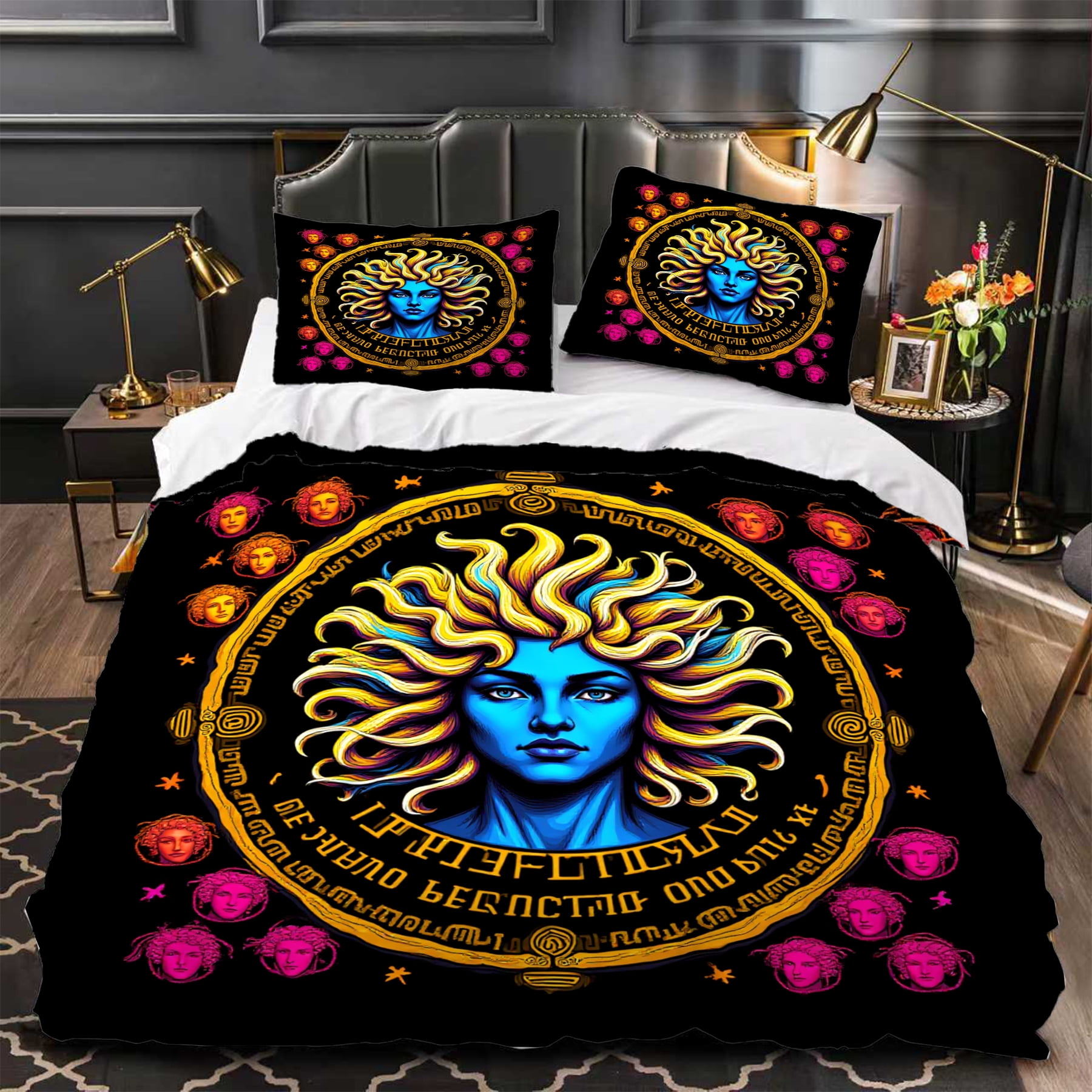 3-Piece Duvet Cover Set with Vibrant Blue Face Design & Circular Symbol ...