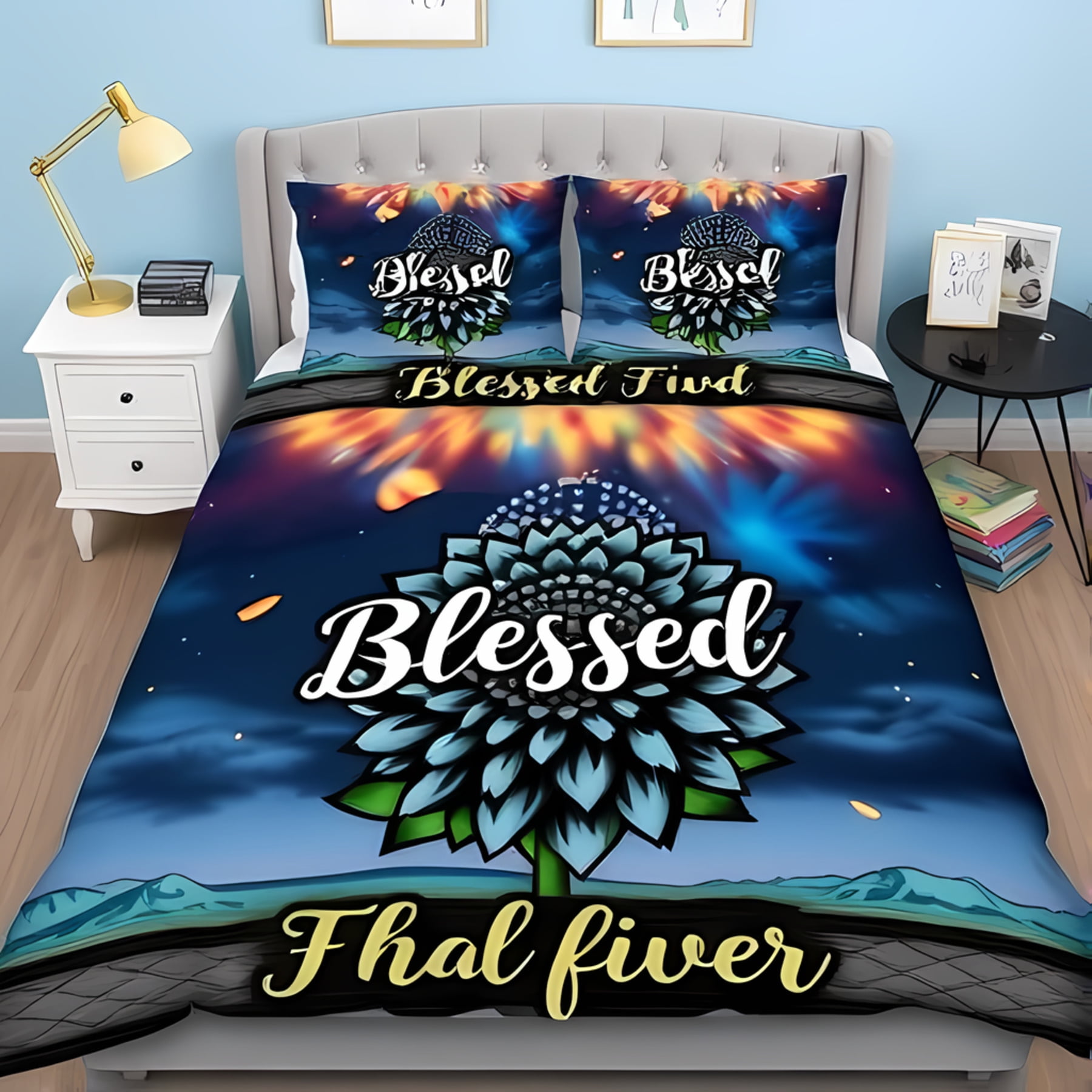 3-Piece Duvet Cover Set with Vibrant Blue Flower Design & on Sky ...