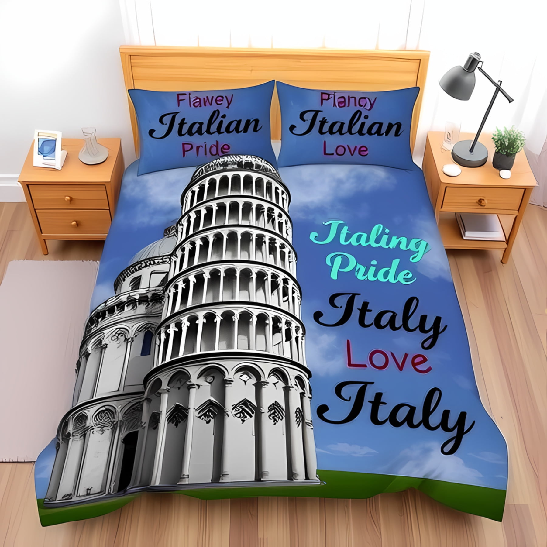 3-Piece Duvet Cover Set with Vibrant Blue Leaning Tower of Pisa Design ...
