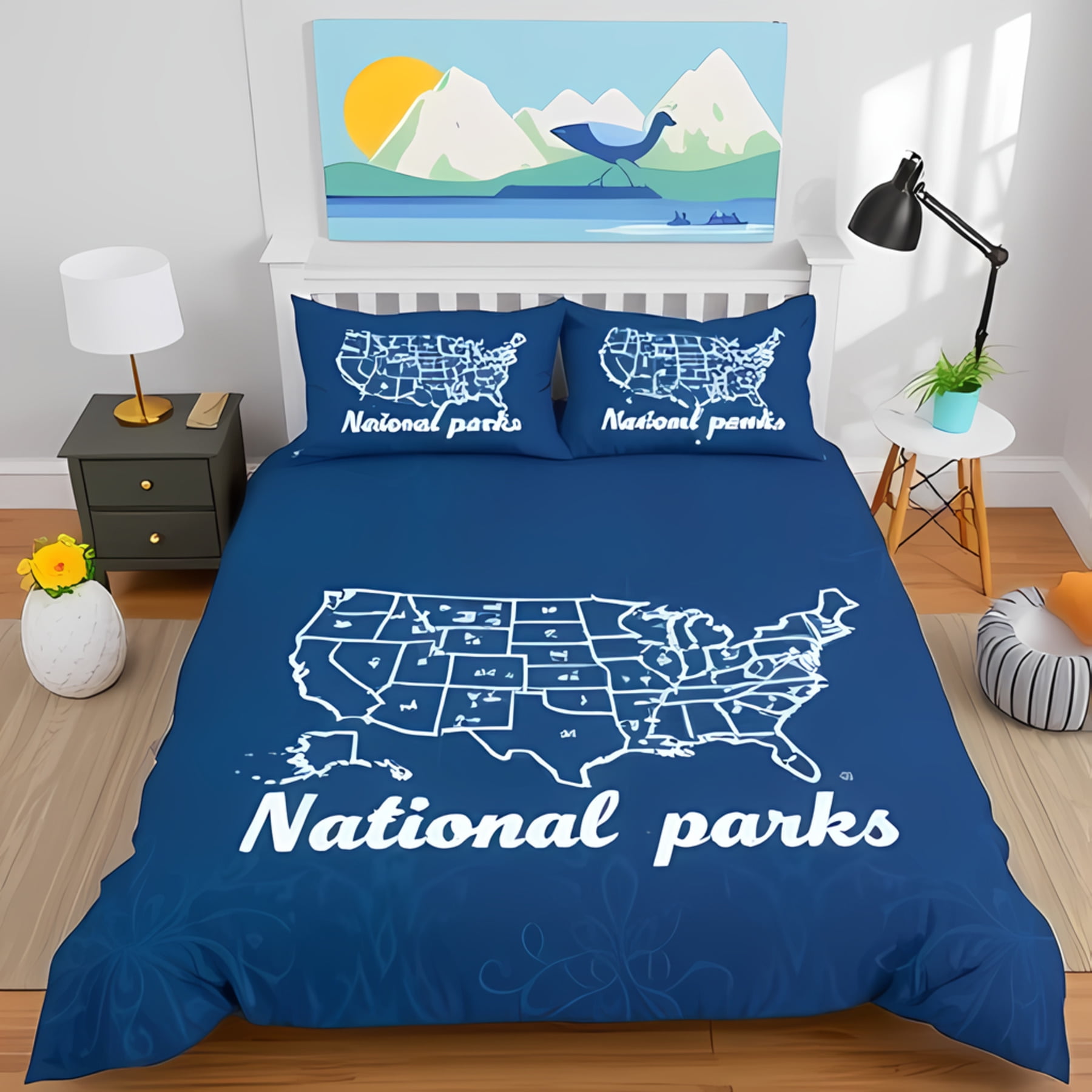 3-Piece Duvet Cover Set with Vibrant Blue US National Parks Map Design ...