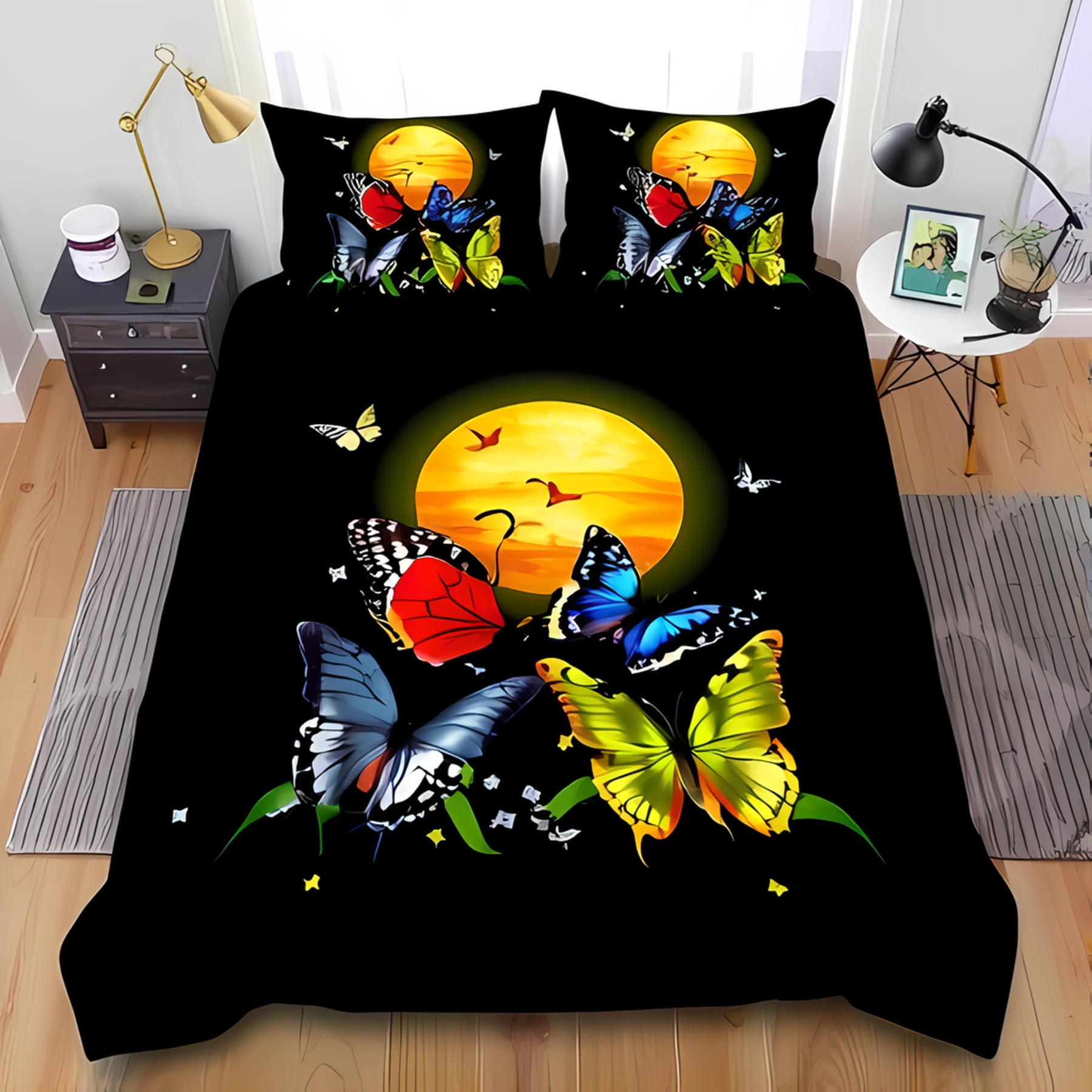 3-Piece Duvet Cover Set with Vibrant Butterfly Design and Radiant Sun ...