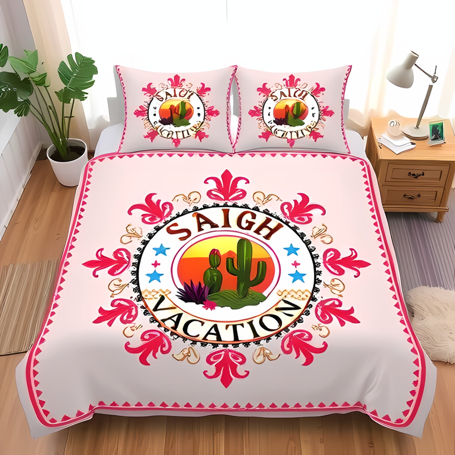 3-Piece Duvet Cover Set with Vibrant Cactus & Star Pattern Floral Motifs 'SAIGH VACATION' Design ...