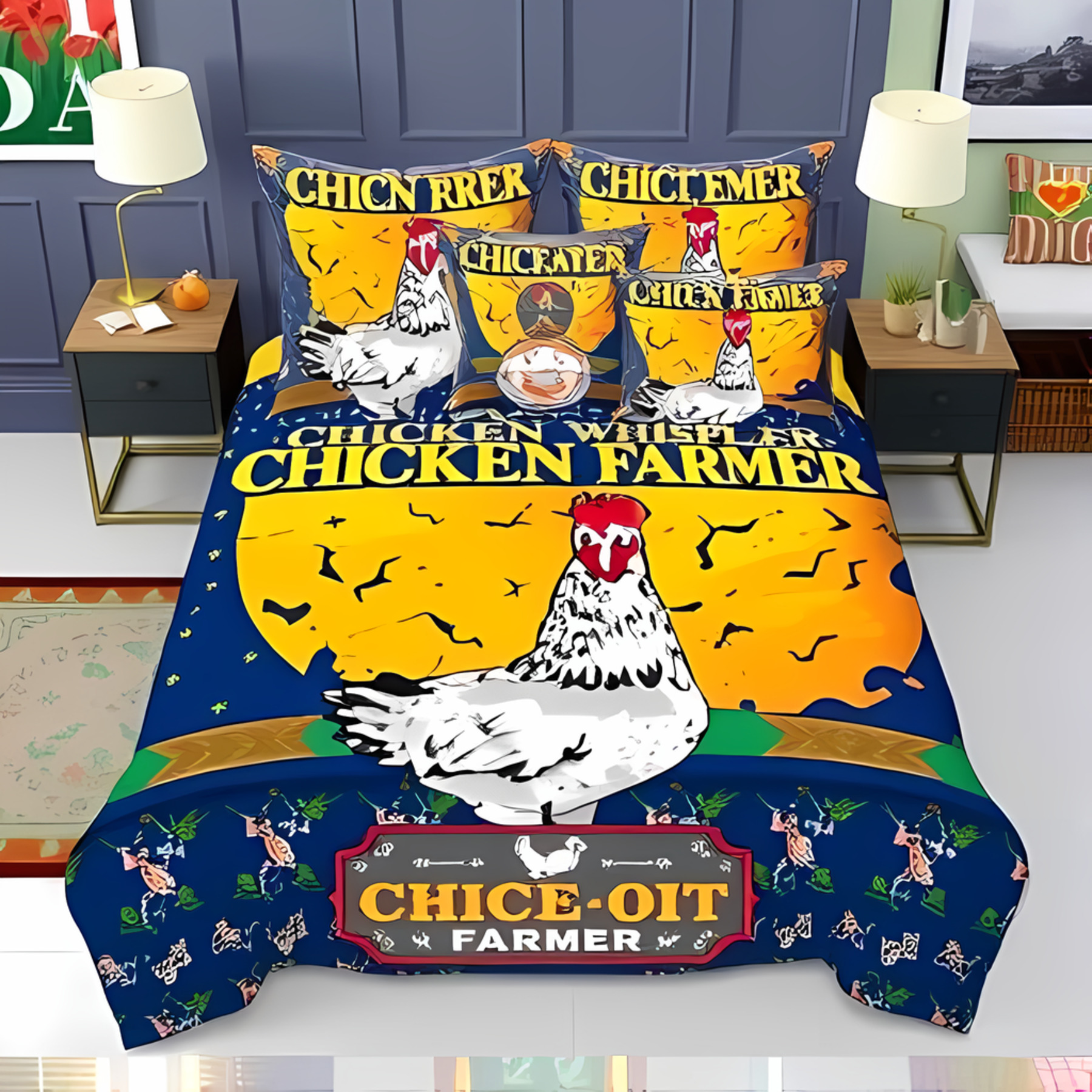 3-Piece Duvet Cover Set with Vibrant Chicken Design Featuring 'CHICK ...