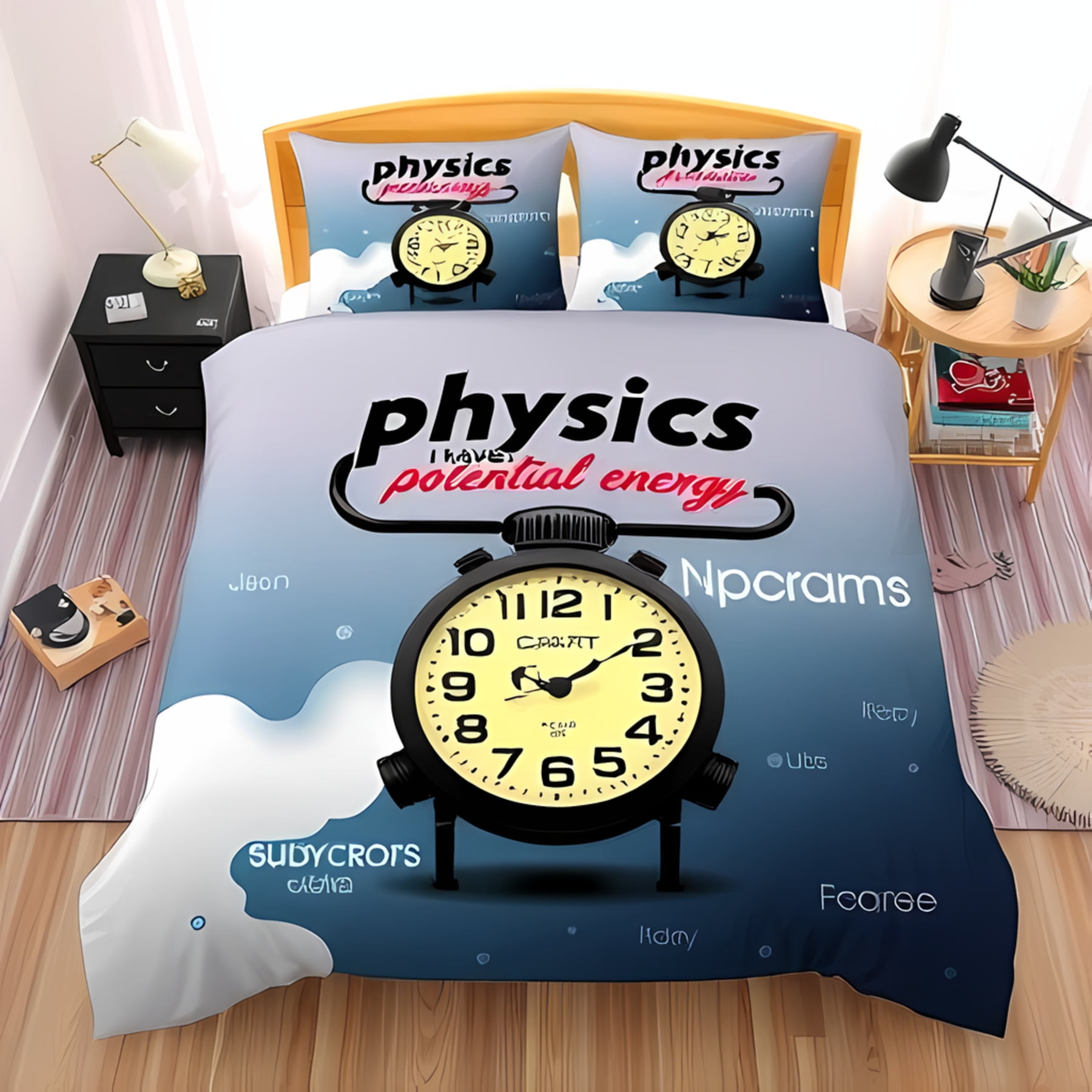 3-Piece Duvet Cover Set with Vibrant Clock Design & " Physics potential energy " Phrase Blue ...