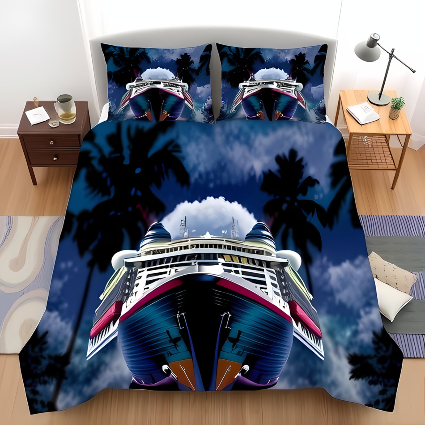 3-Piece Duvet Cover Set with Vibrant Cruise Ship Design Surrounded by ...