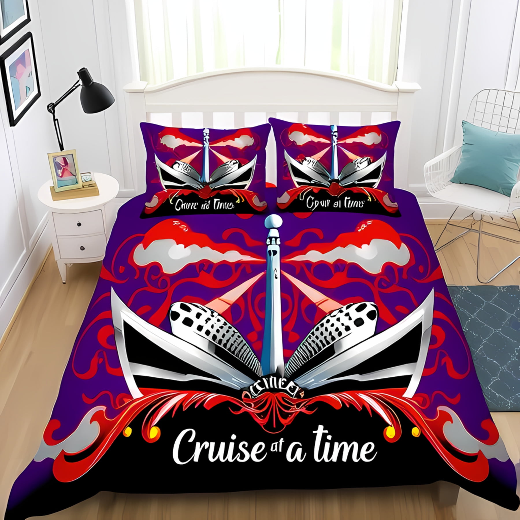 3-Piece Duvet Cover Set with Vibrant Cruise Ship Motif in Deep Purple ...