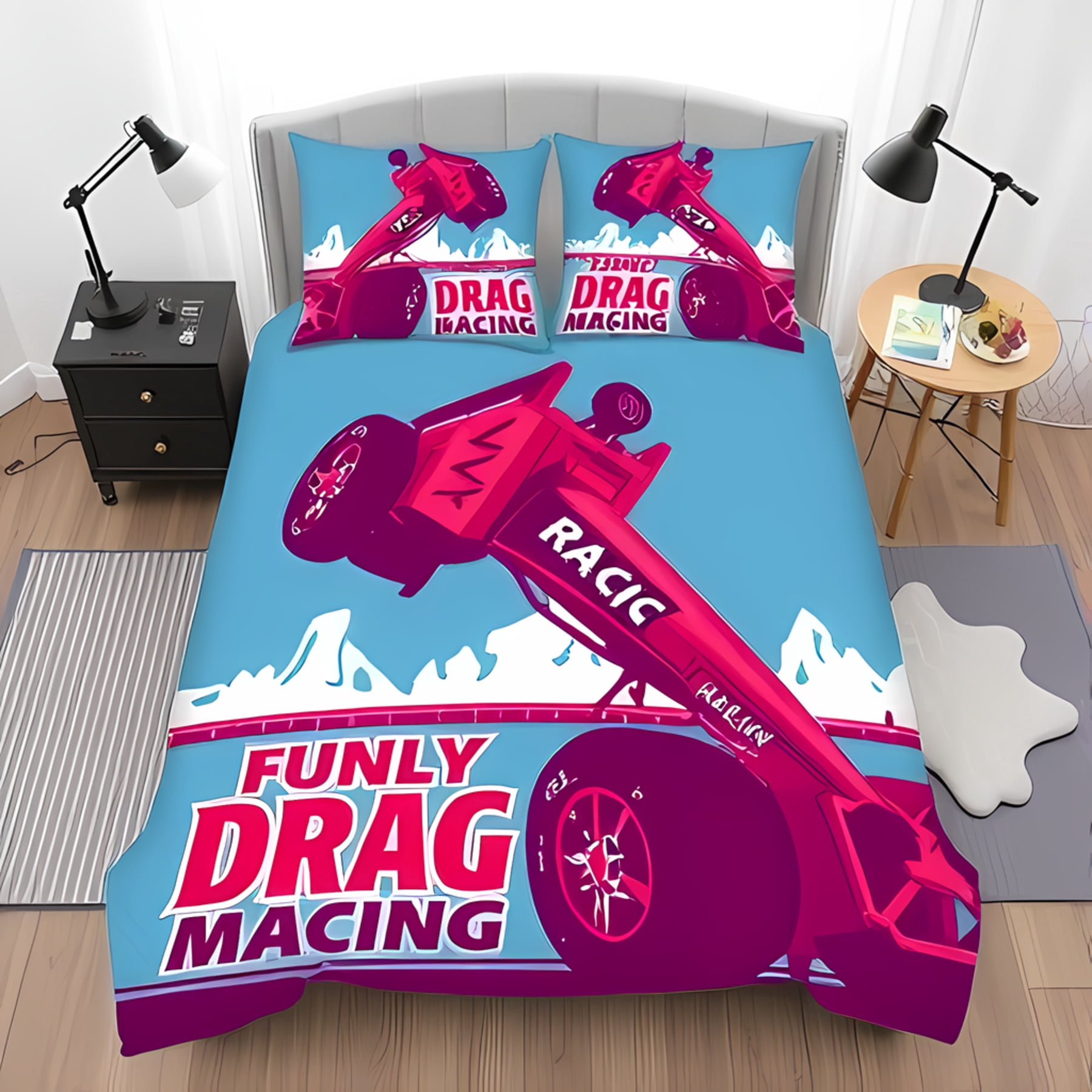 3-Piece Duvet Cover Set with Vibrant Drag Racing Vehicle Design Bold ...