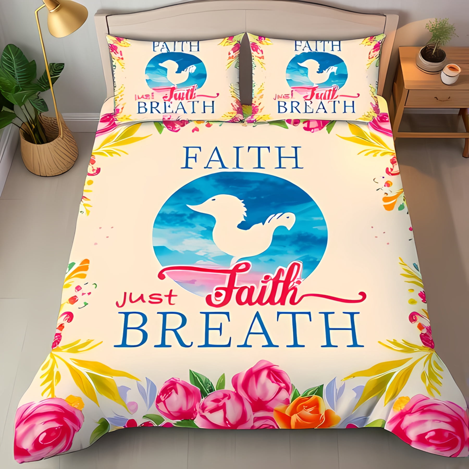 3-Piece Duvet Cover Set with Vibrant Floral Patterns & Motivational ...