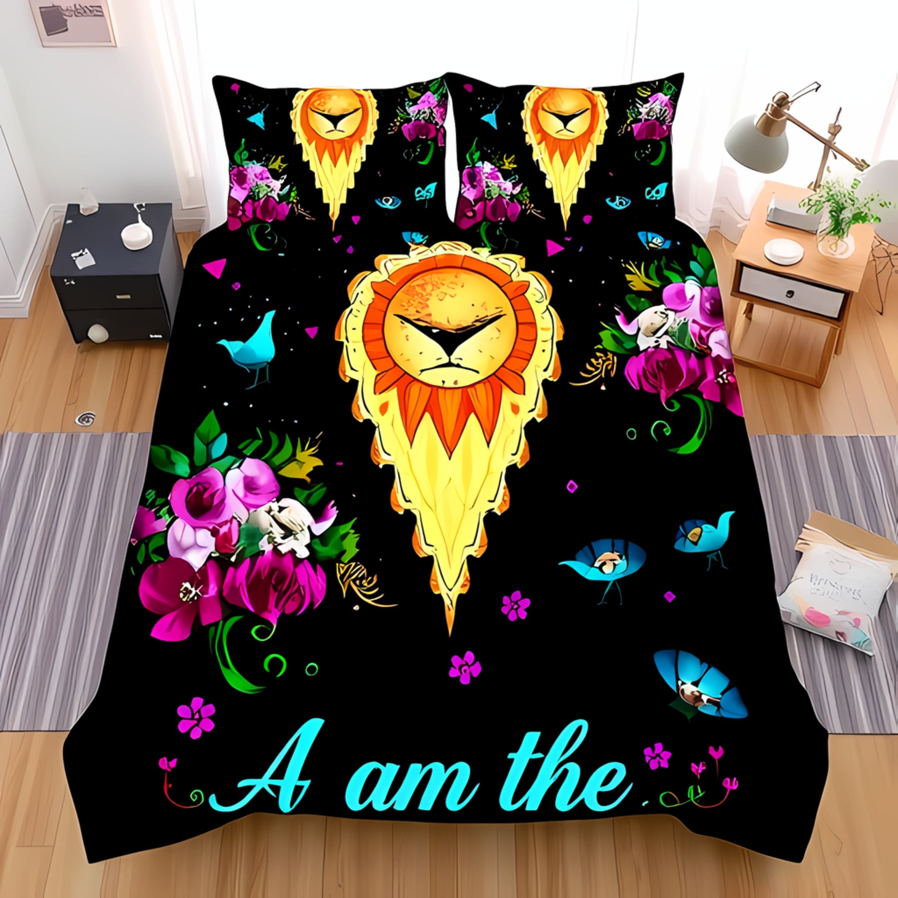 3-Piece Duvet Cover Set with Vibrant Floral and Lion Clock Design ...