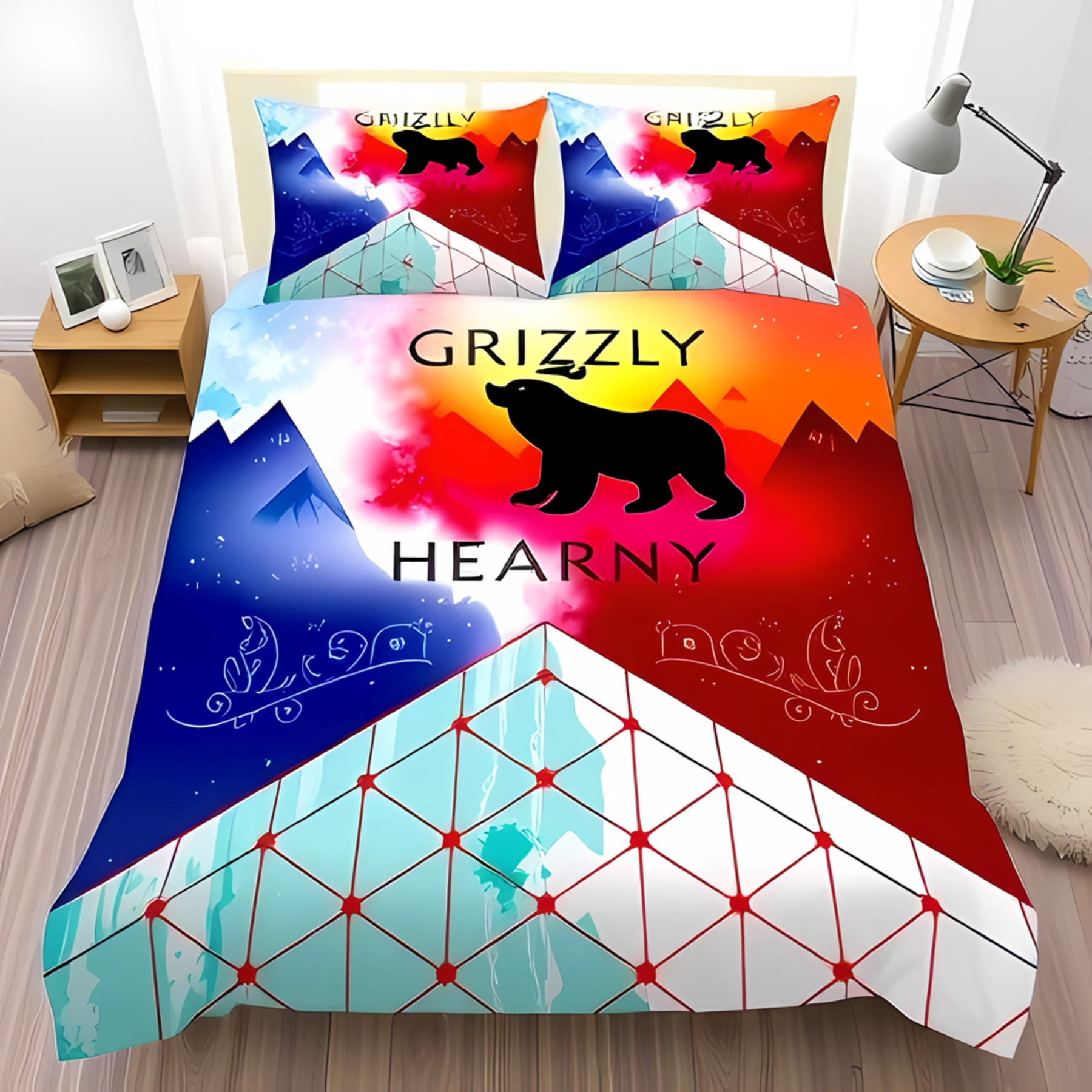 3-Piece Duvet Cover Set with Vibrant Gradient Mountain & Bear Design ...
