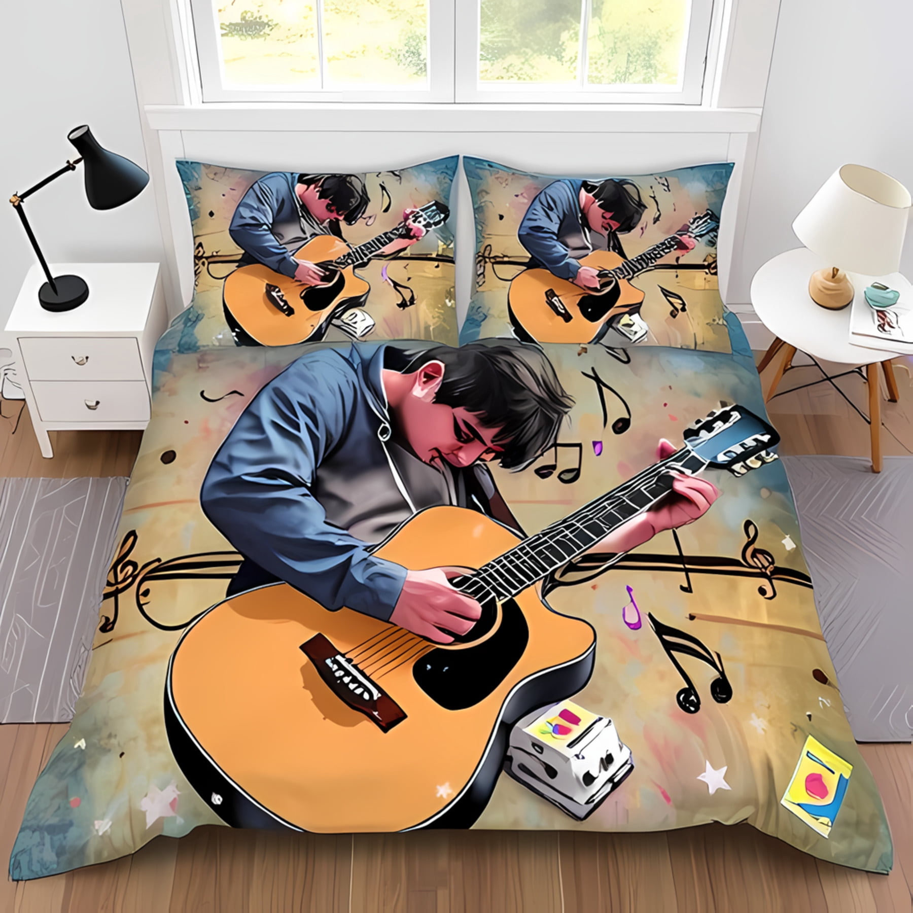 3-Piece Duvet Cover Set with Vibrant Guitar Design - Musical Notes ...