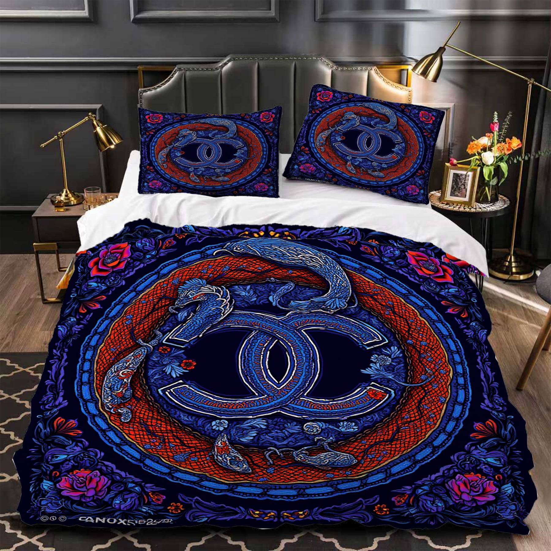 3-Piece Duvet Cover Set with Vibrant Intertwined Dragons in Blue & Red ...