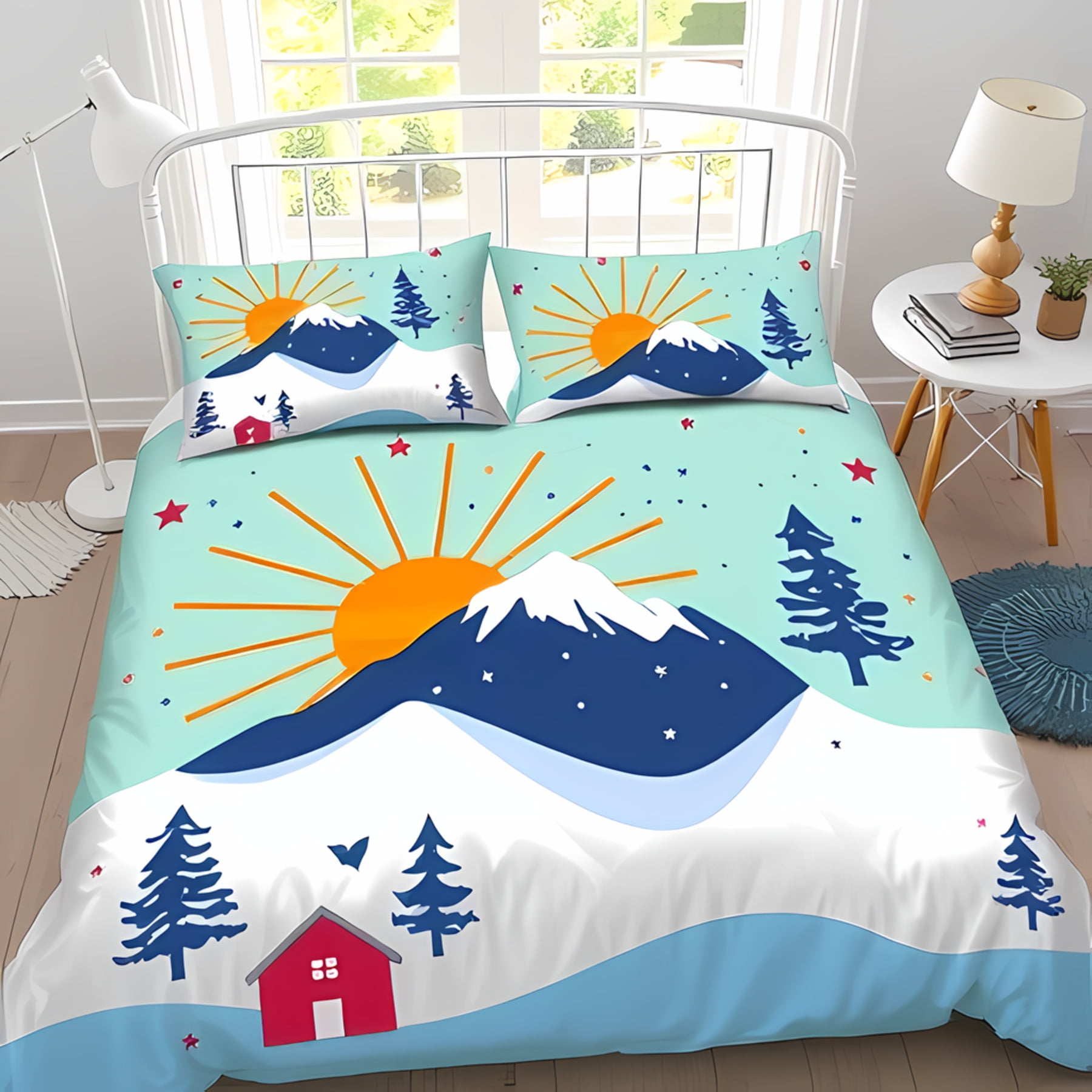 3-Piece Duvet Cover Set with Vibrant Mountain Landscape Sun Pine Trees & Quaint Red House Design ...