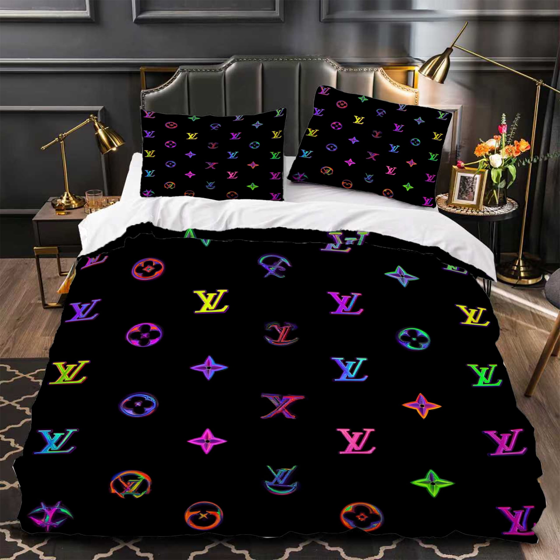 3-Piece Duvet Cover Set with Vibrant Neon Pattern Elegant Black ...