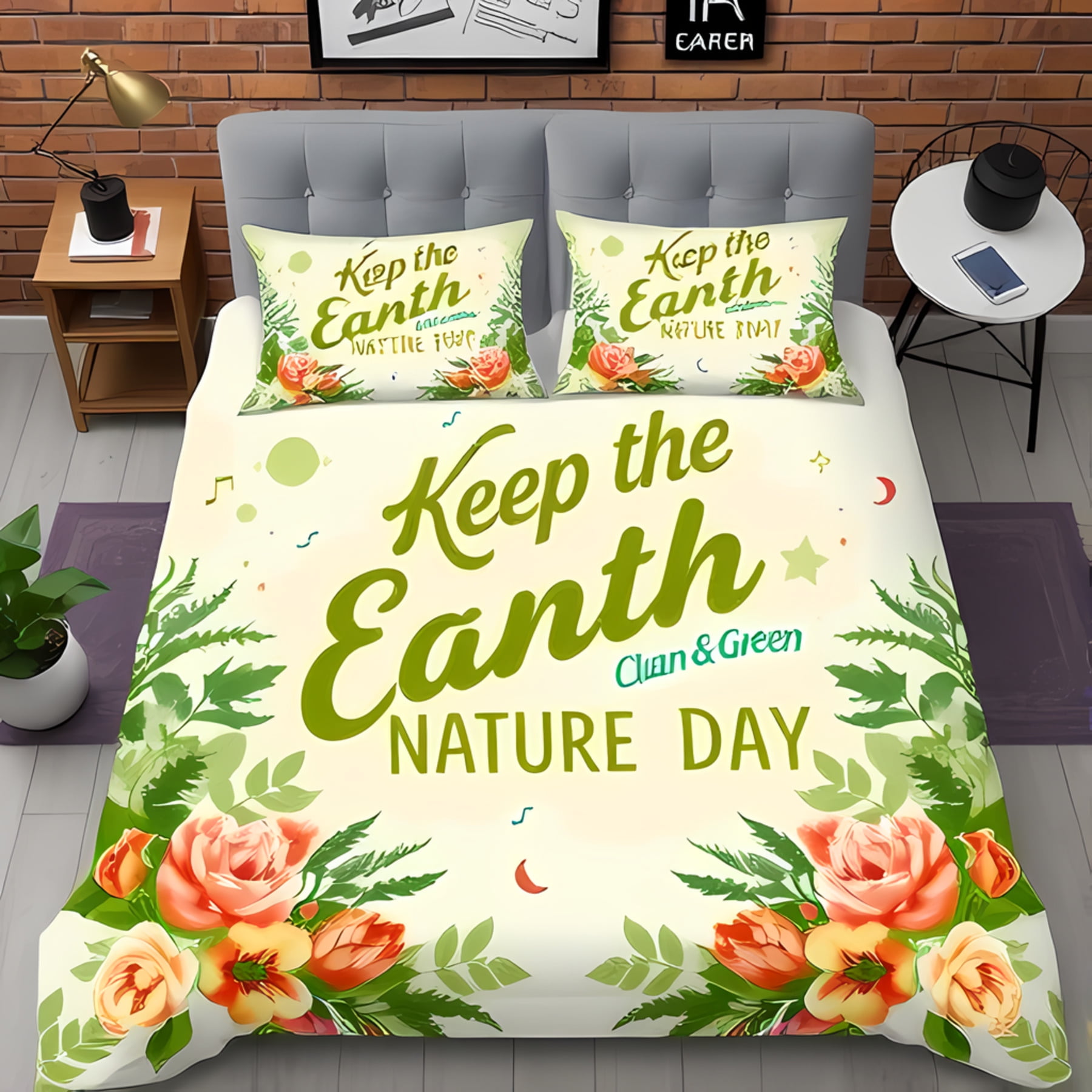 3-Piece Duvet Cover Set with Vibrant Orange Roses & Green Foliage ...